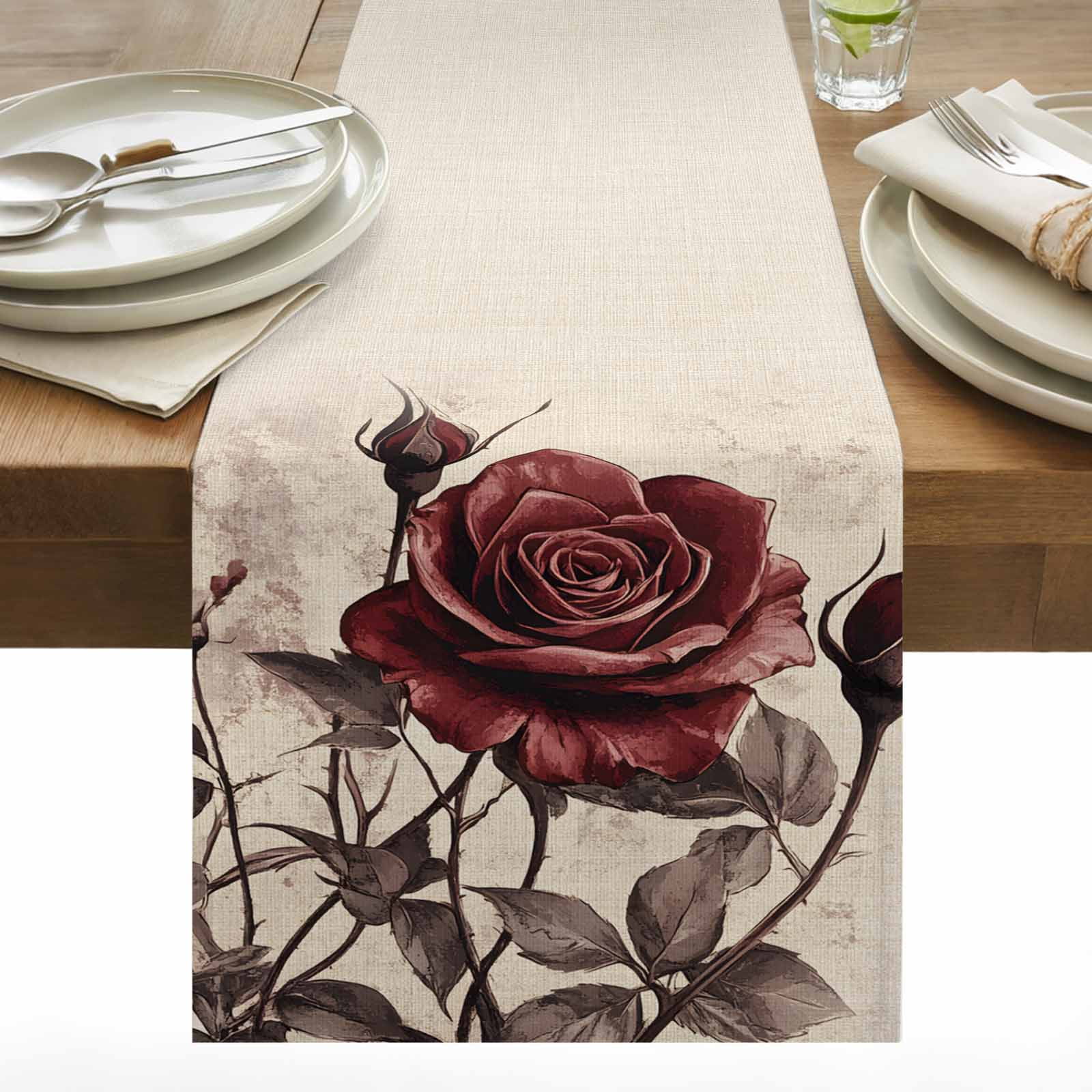 Spring Flowers Cotton Linen Table Runner Retro Rose Bud Dining Table ...