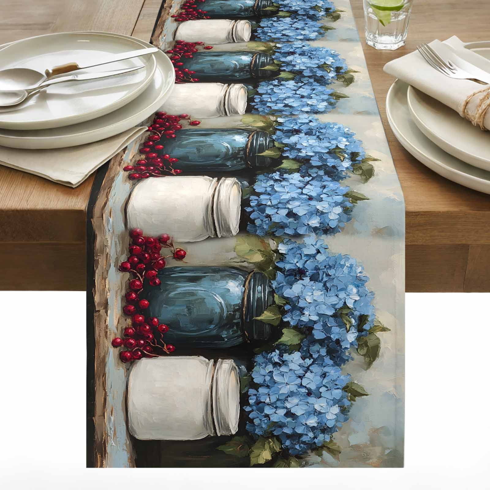 Spring Flowers Cotton Linen Table Runner Vintage Blue Hydrangeas Oil ...