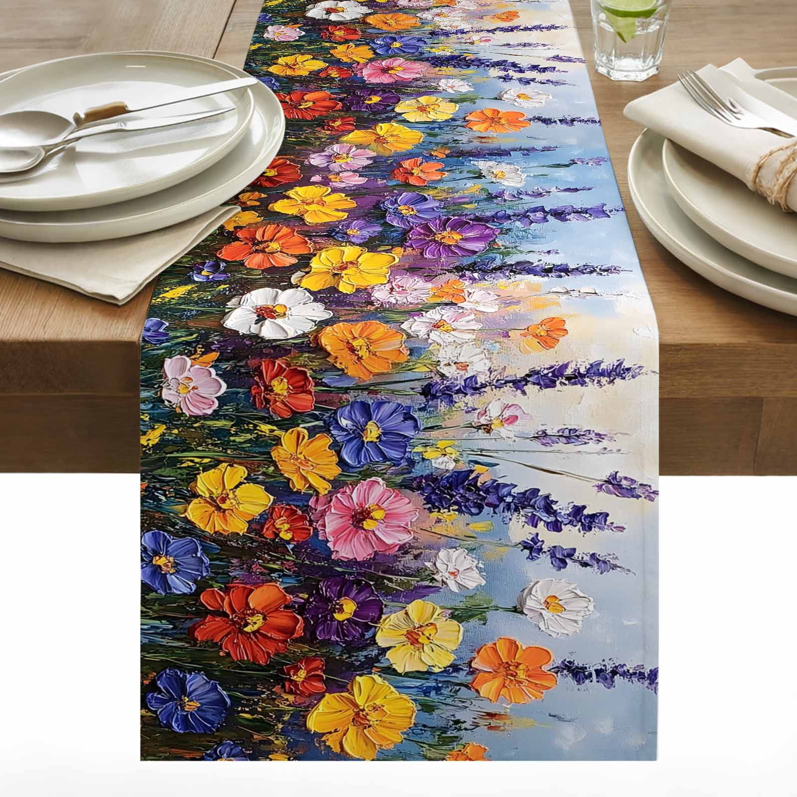 Spring Flowers Cotton Linen Table Runner Vintage Lavender Oil Painting ...
