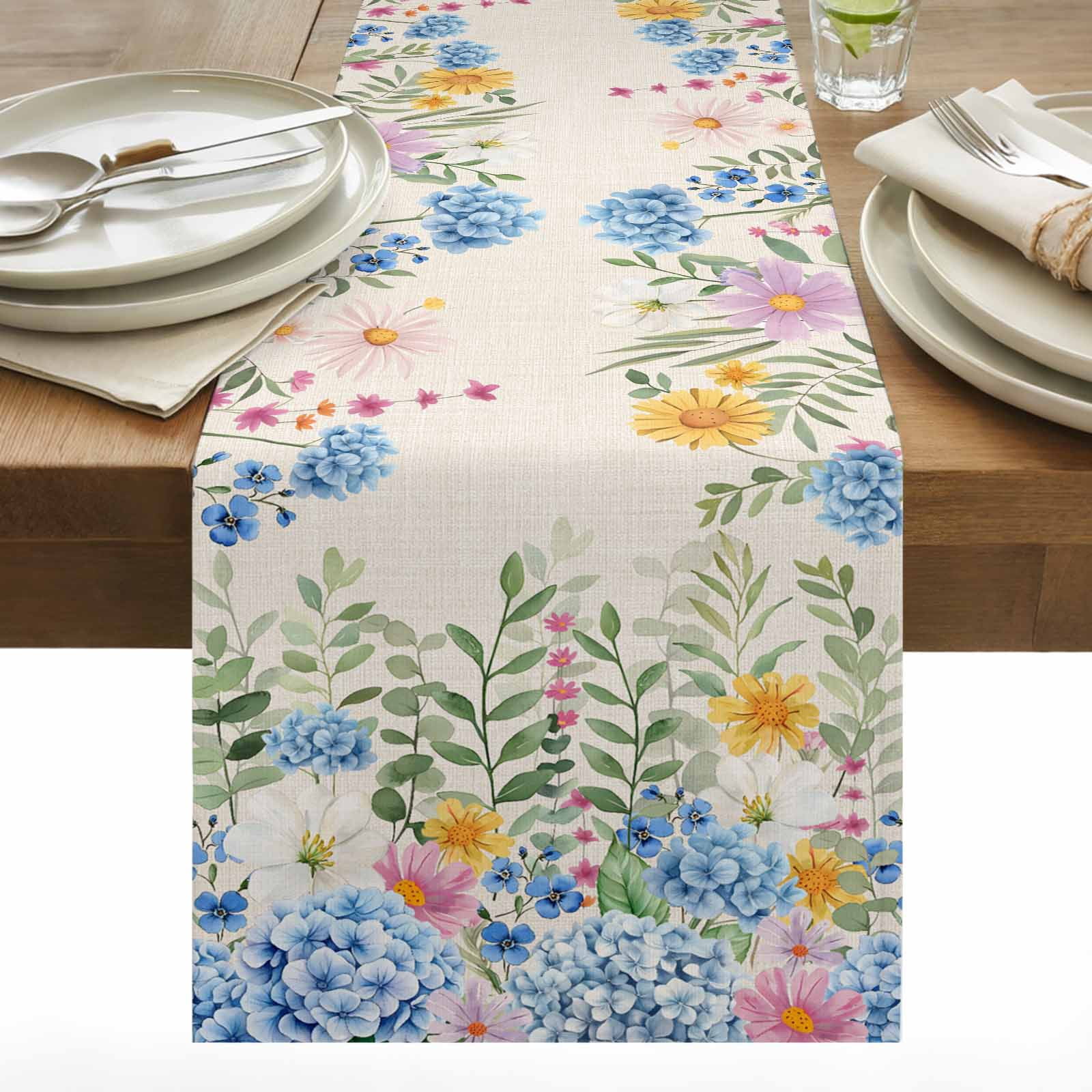 Spring Flowers Cotton Linen Table Runner Watercolor Blue Pink Yellow ...