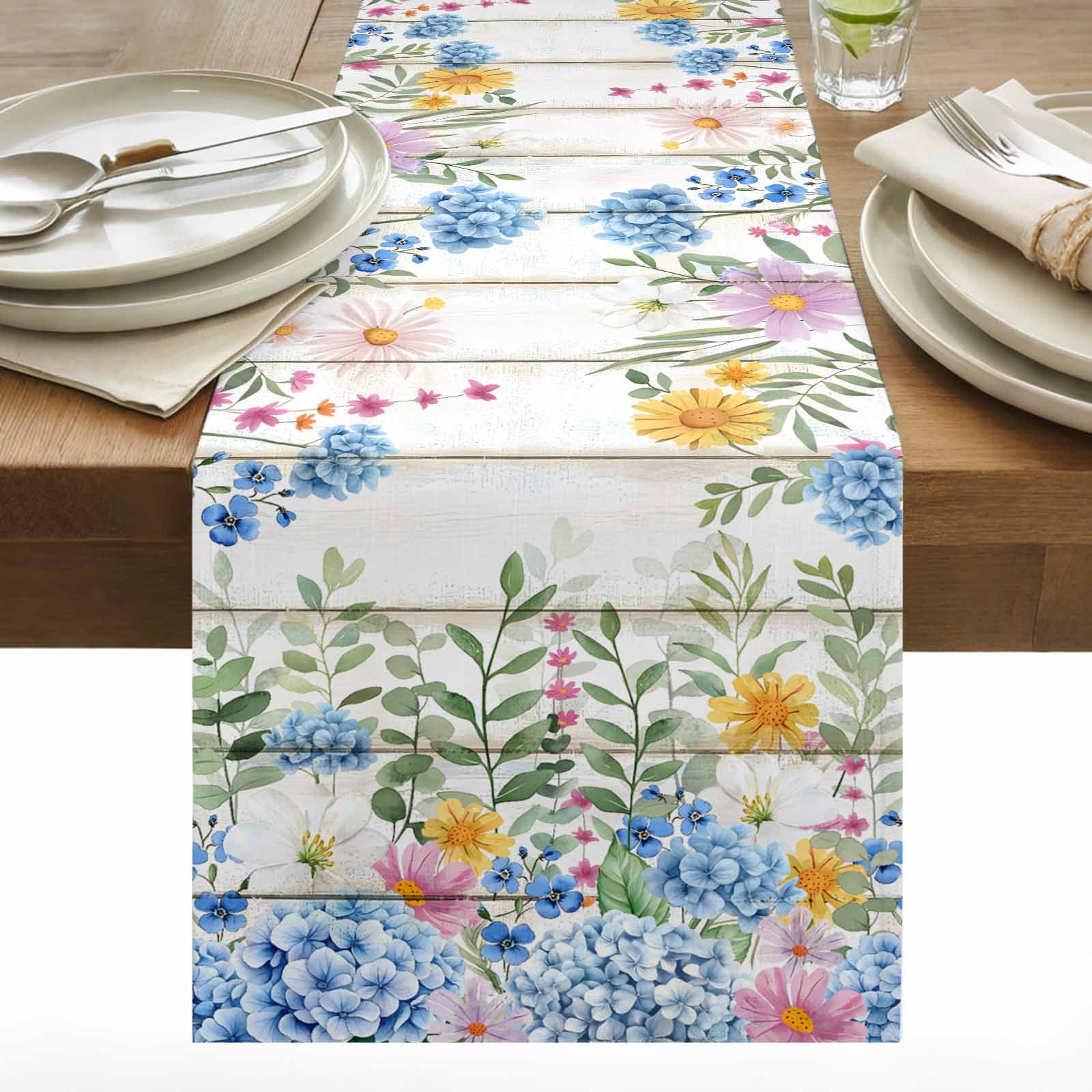 Spring Flowers Cotton Linen Table Runner Watercolor Blue Pink Yellow ...