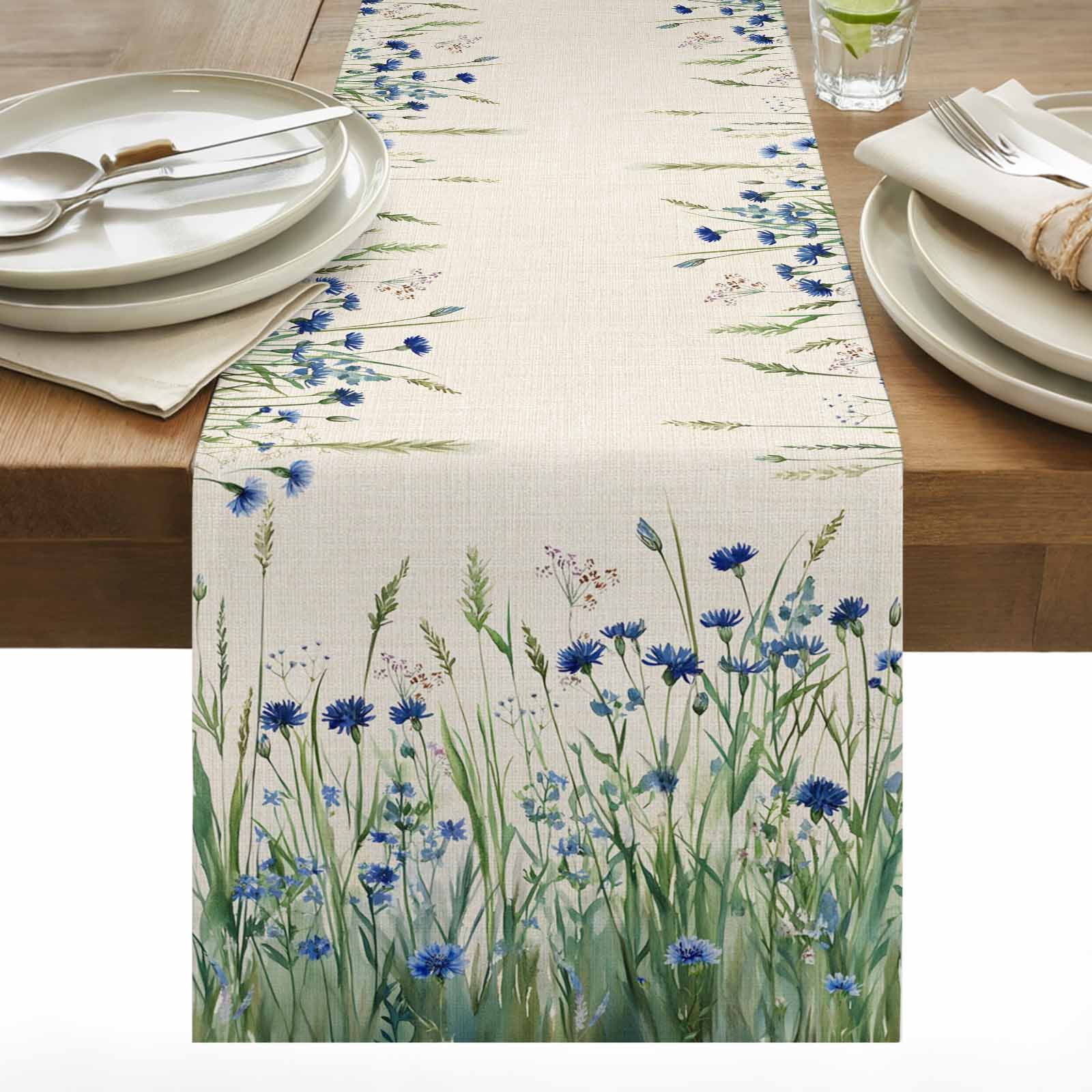 Spring Flowers Cotton Linen Table Runner Watercolor Country Blue Floral ...