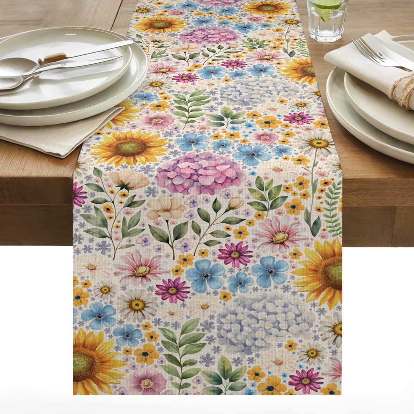 Spring Flowers Cotton Linen Table Runner Watercolor Country Colorful ...