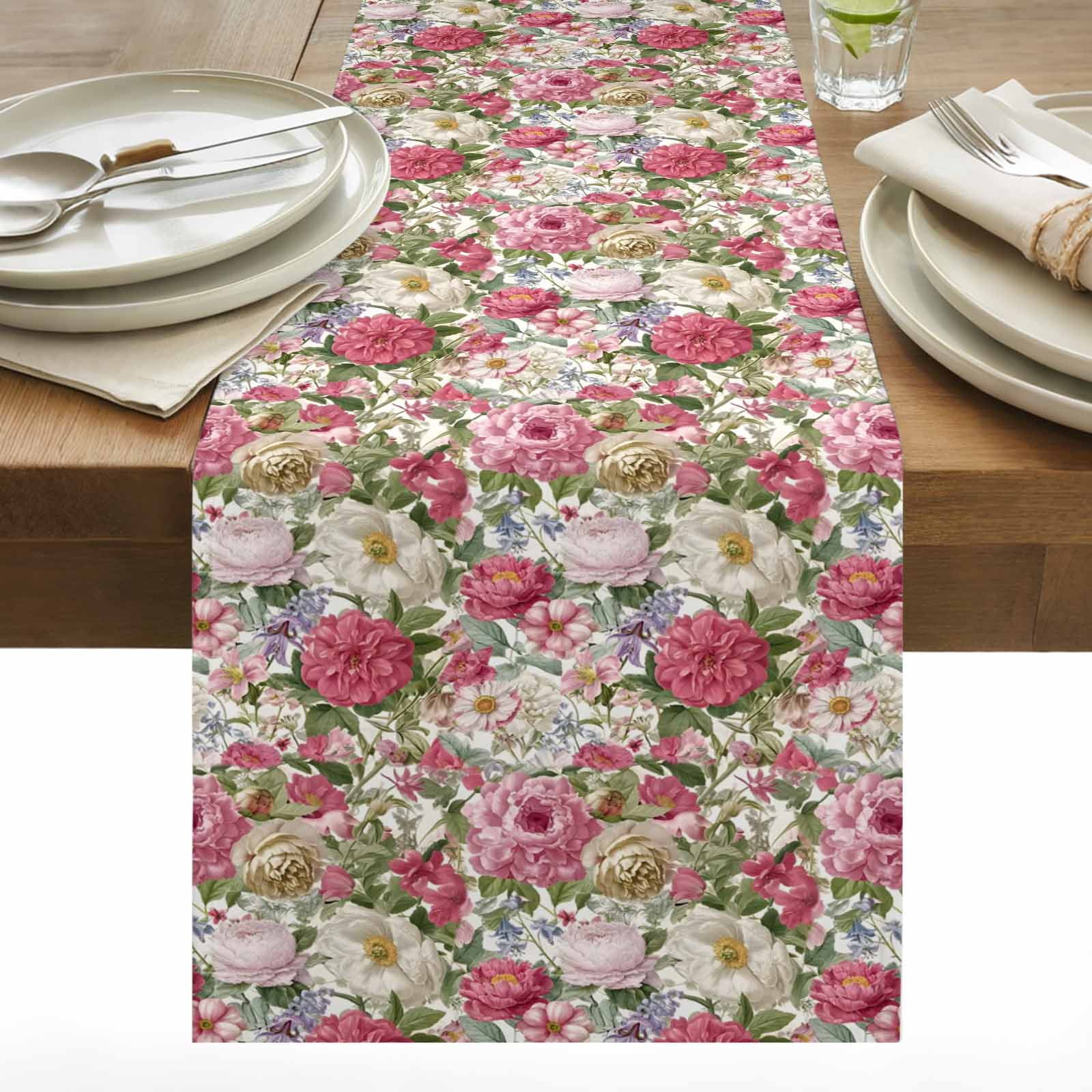 Spring Flowers Cotton Linen Table Runner Watercolor Country Yellow Pink ...