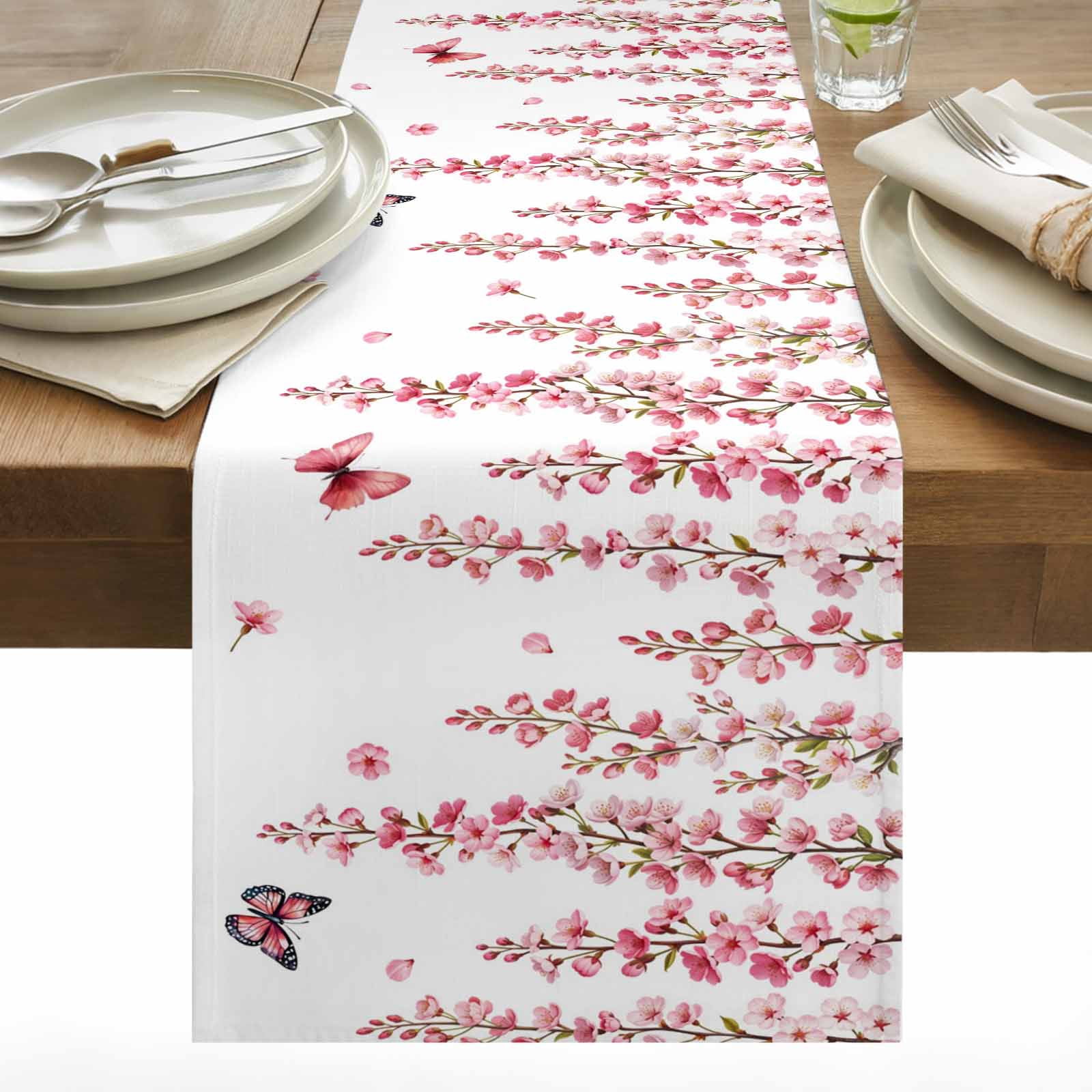Spring Flowers Cotton Linen Table Runner Watercolor Gradient Falling ...