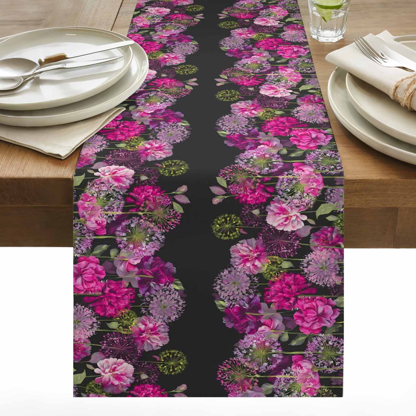 Spring Flowers Cotton Linen Table Runner Watercolor Gradient Pink Green ...