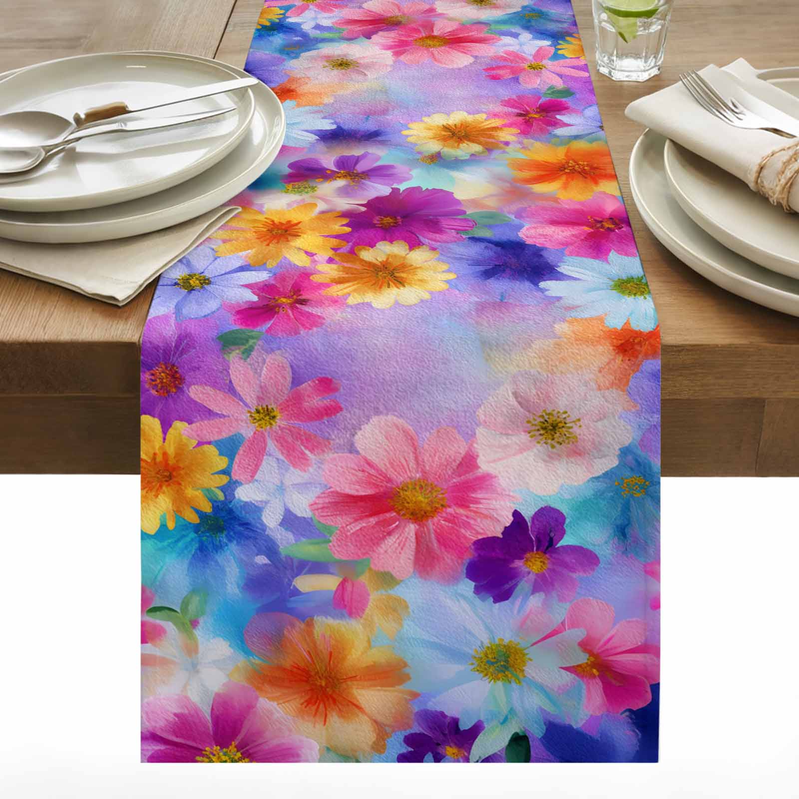 Spring Flowers Cotton Linen Table Runner Watercolor Gradient Yellow ...