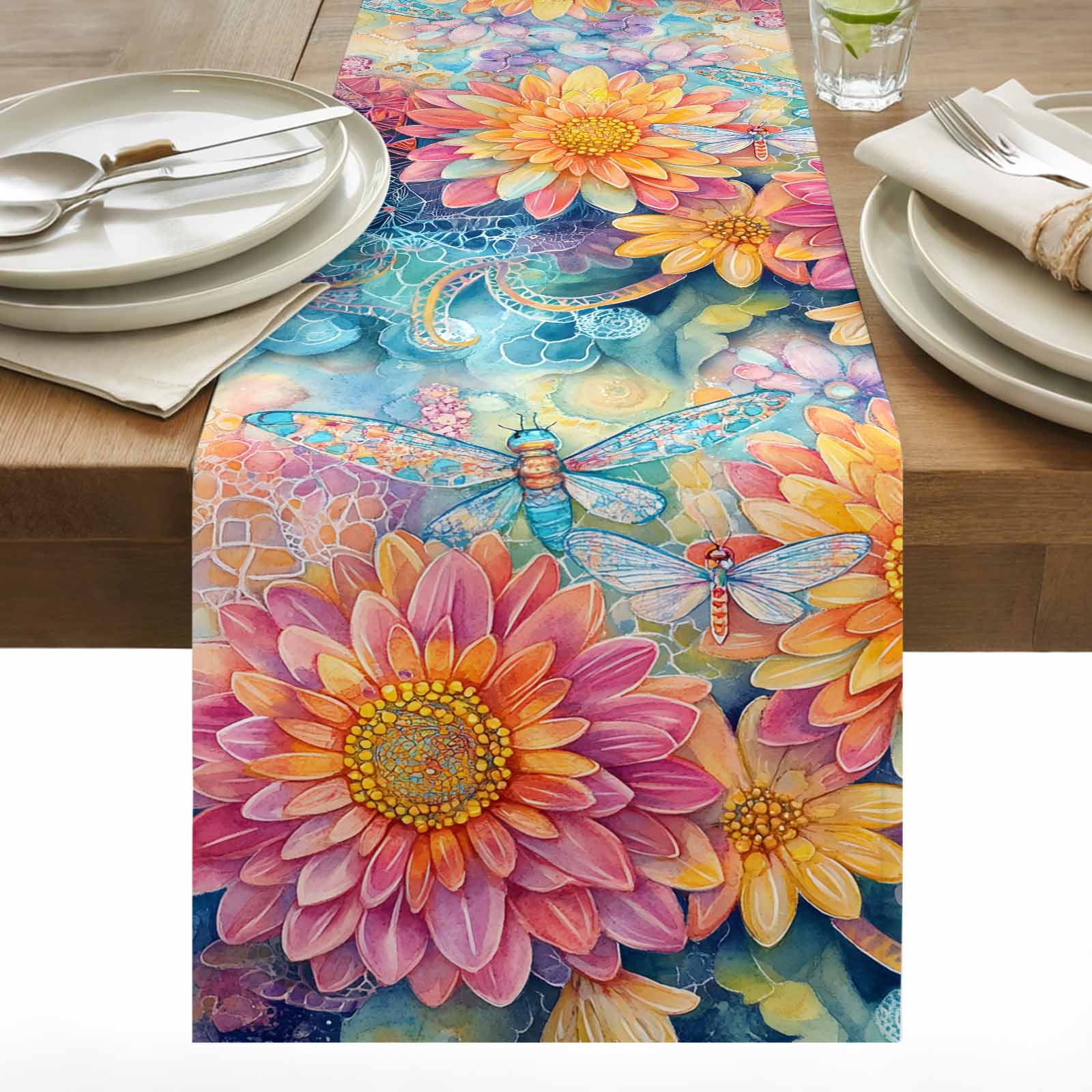 Spring Flowers Cotton Linen Table Runner Watercolor Pink Floral Blue ...