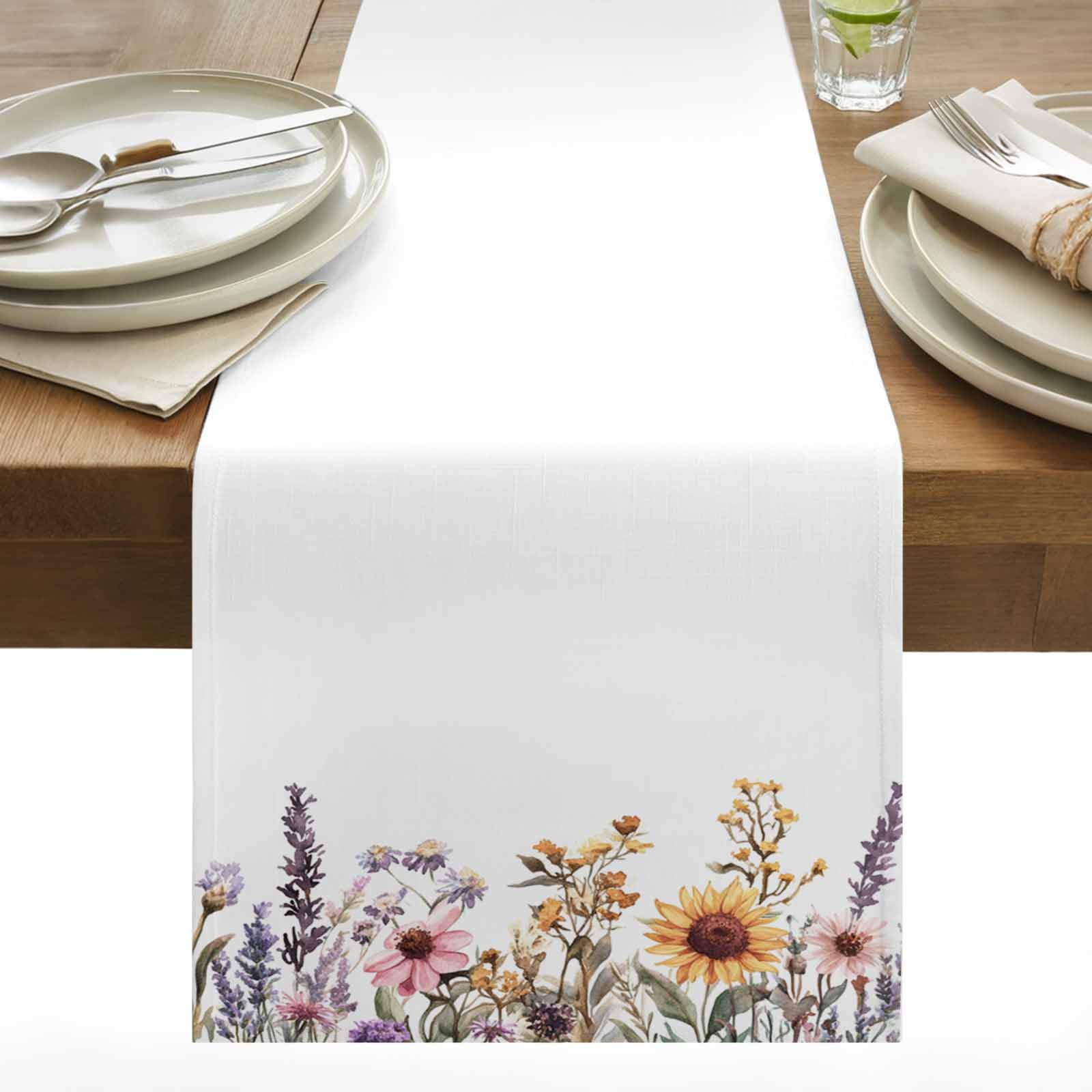Spring Flowers Cotton Linen Table Runner Watercolor Sunflower Floral ...