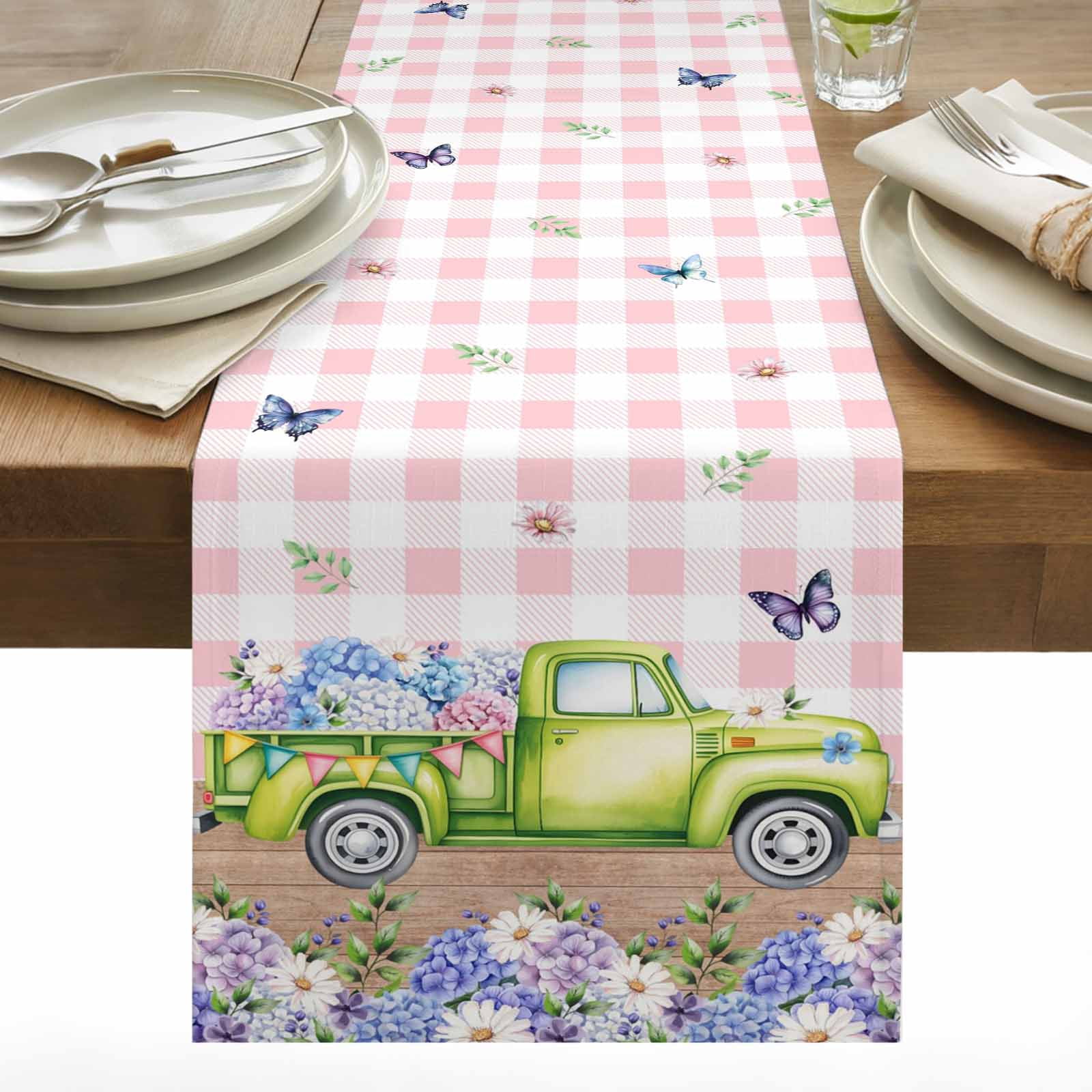 Spring Flowers Cotton Linen Table Runner Watercolor Truck Purple Blue ...