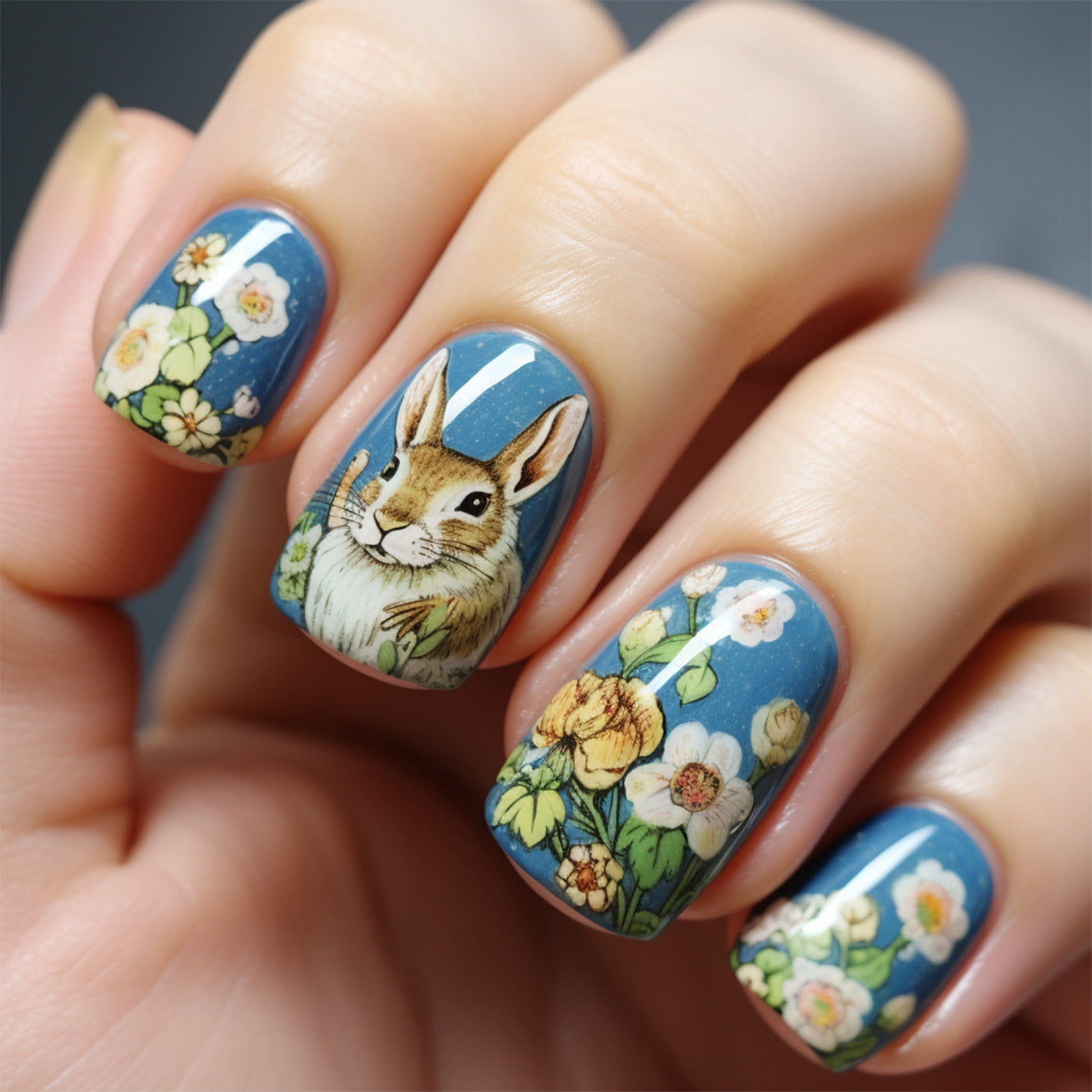Spring Flowers & Cute Rabbits Graffiti Sky Blue Press On Nails 24Pcs ...