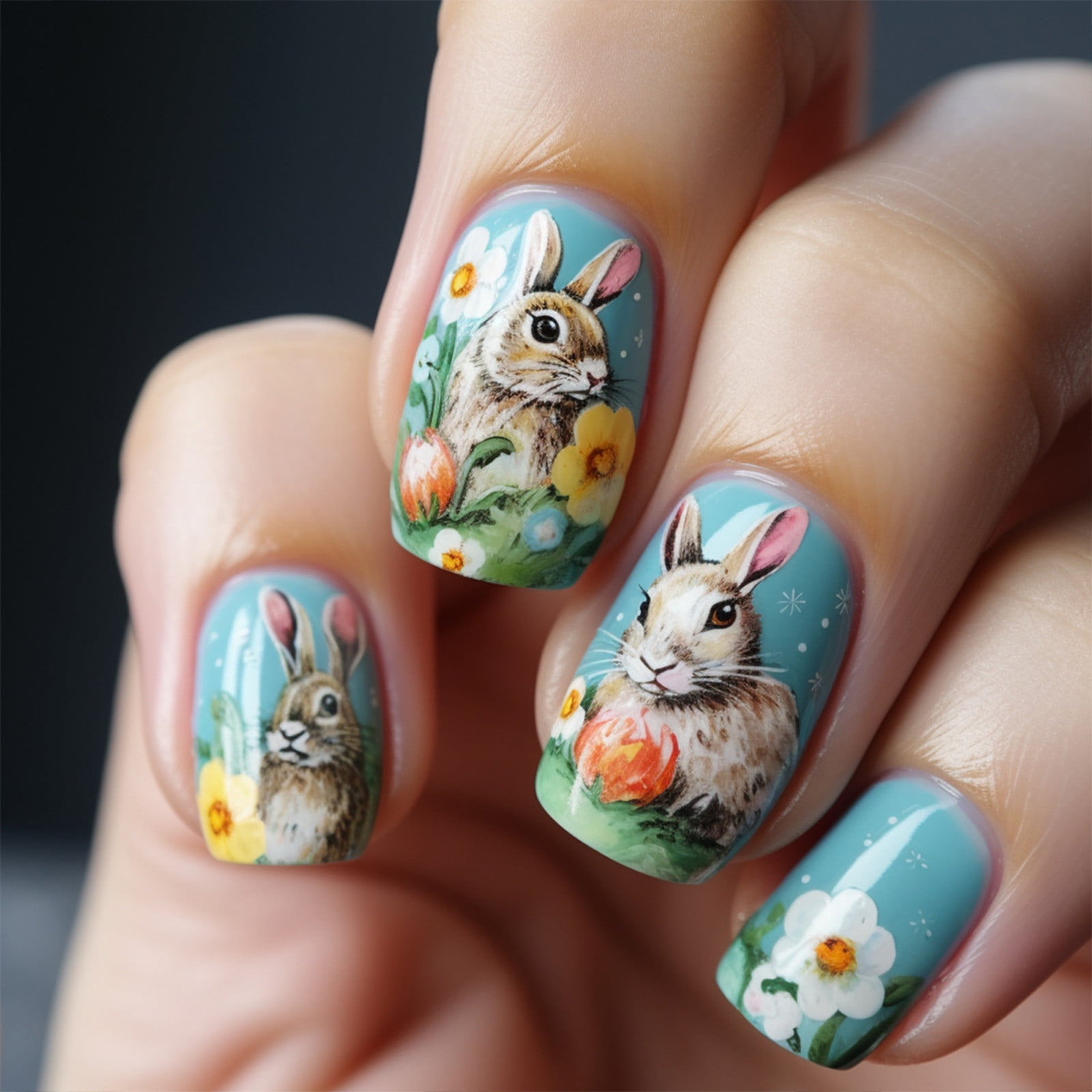 Spring Flowers & Cute Rabbits Graffiti Sky Blue Press On Nails 24Pcs ...