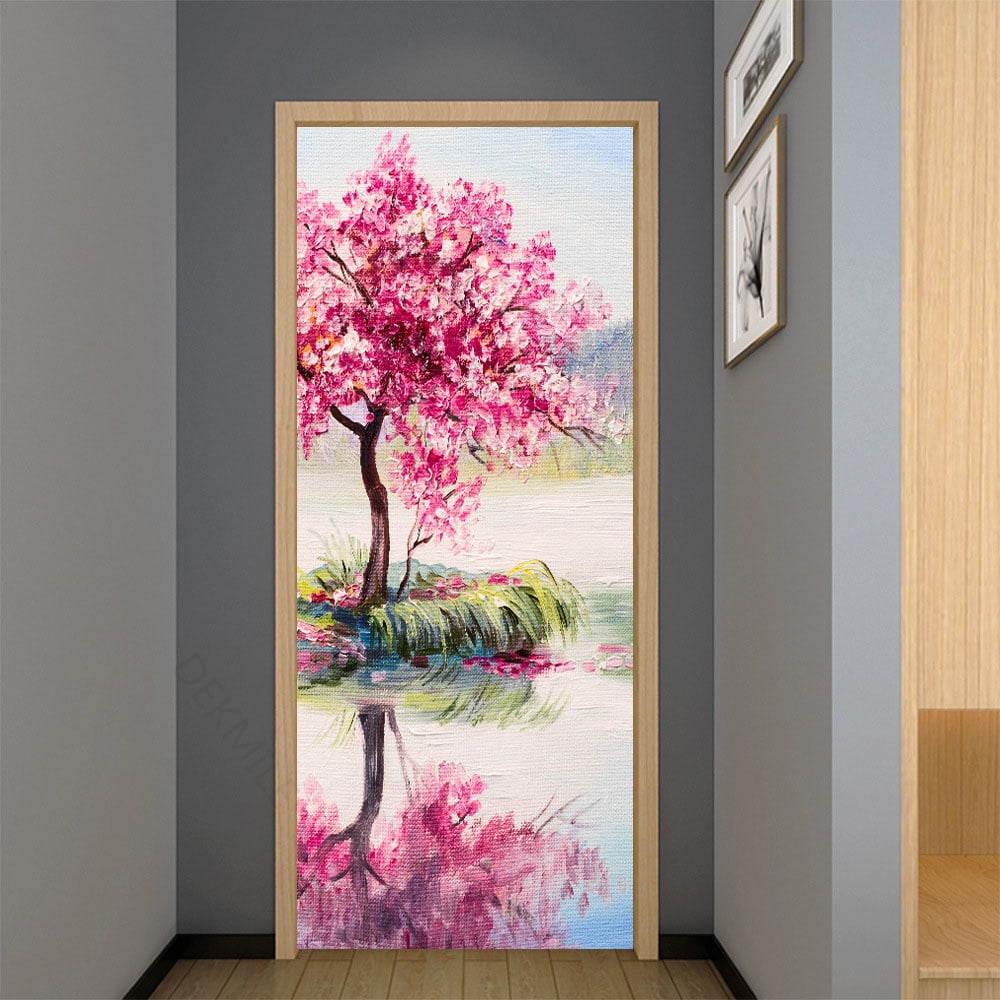 Spring Flowers Door Sticker Pink Cherry Tree Decal Removable Beautiful ...