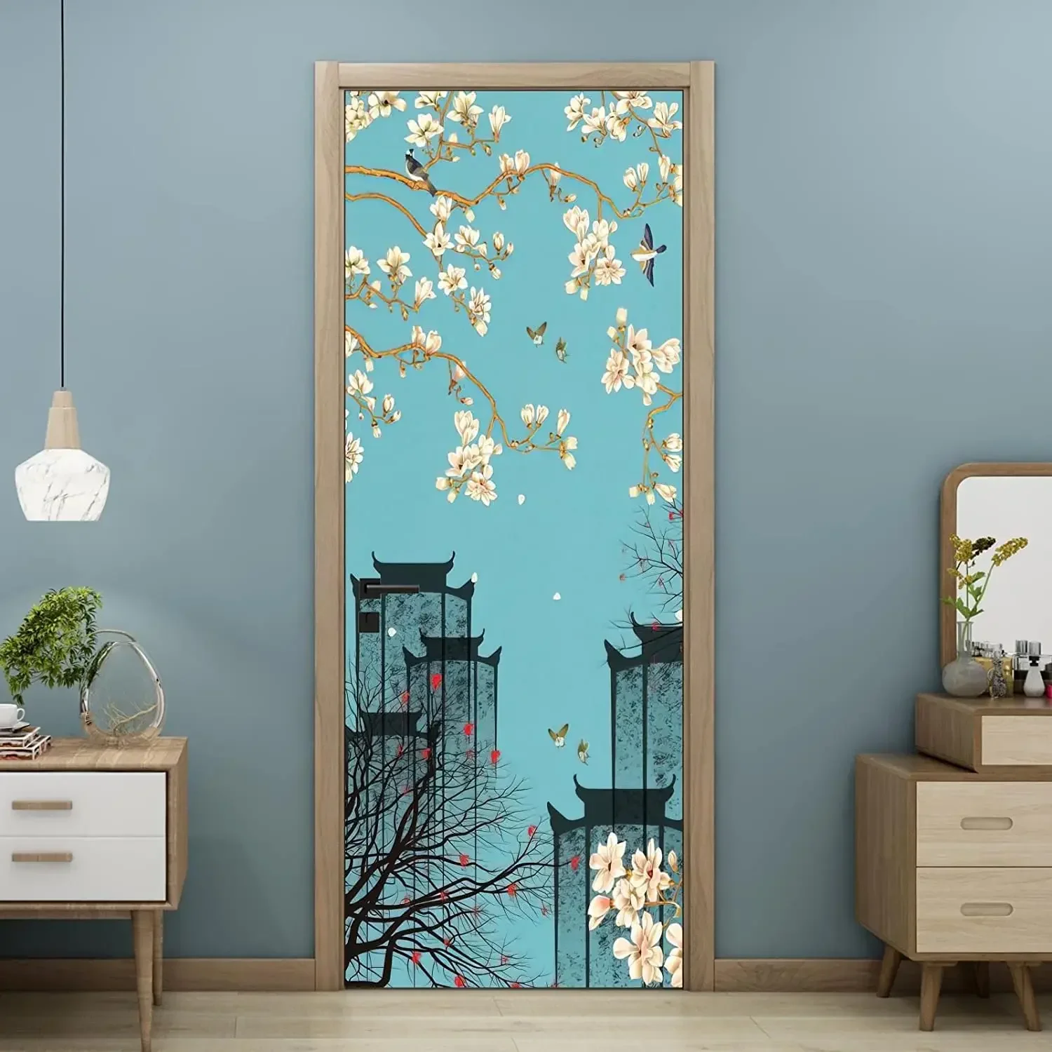 Spring Flowers Door Sticker Pink Cherry Tree Decal Removable Beautiful ...