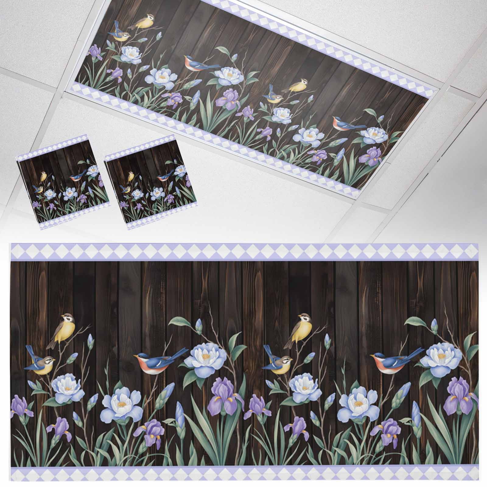 Spring Flowers Fluorescent Light Covers Purple Blue Floral Bird Brown ...