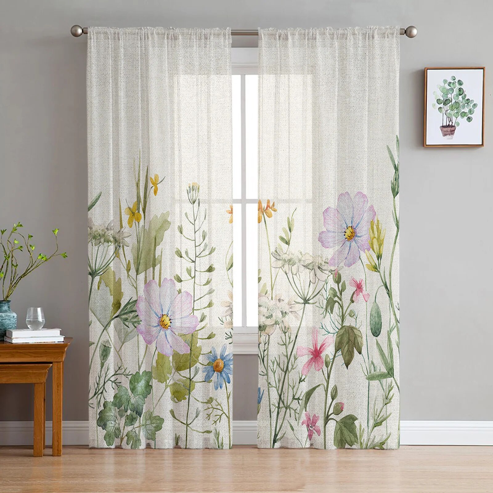 Spring Flowers Herbs Fields Retro Bedroom Transparent Sheer Curtains ...