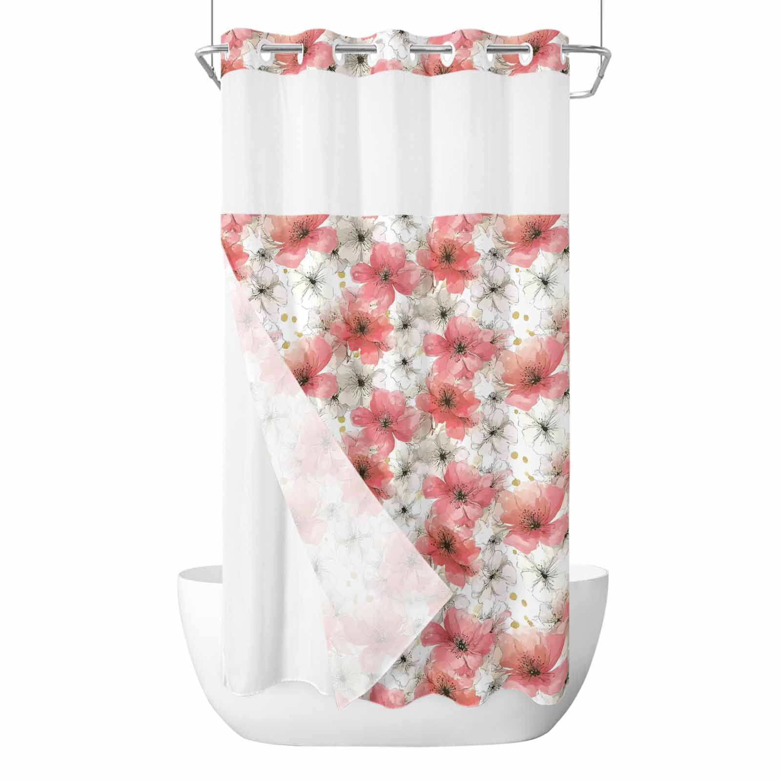 Spring Flowers No Hooks Shower Curtain with Snap-in Liner Red White ...