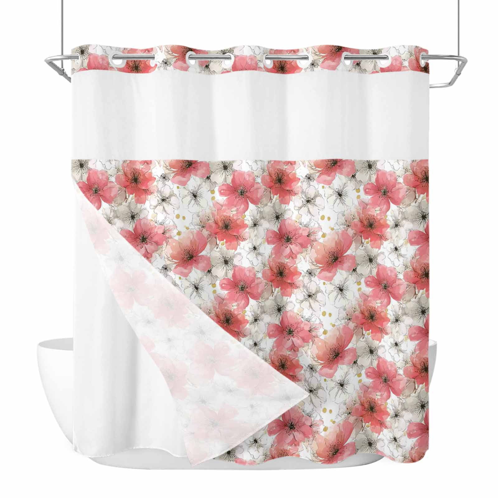 Spring Flowers No Hooks Shower Curtain with Snap-in Liner Red White ...