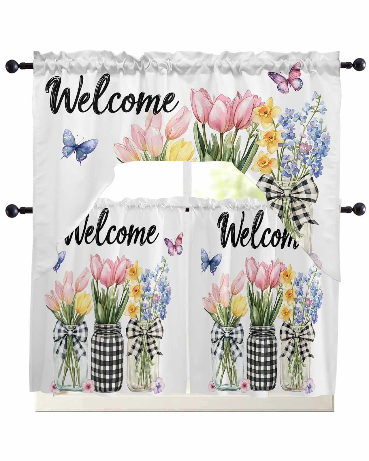 Spring Flowers Kitchen Curtains Sets 24 Inch Length with Valance ...