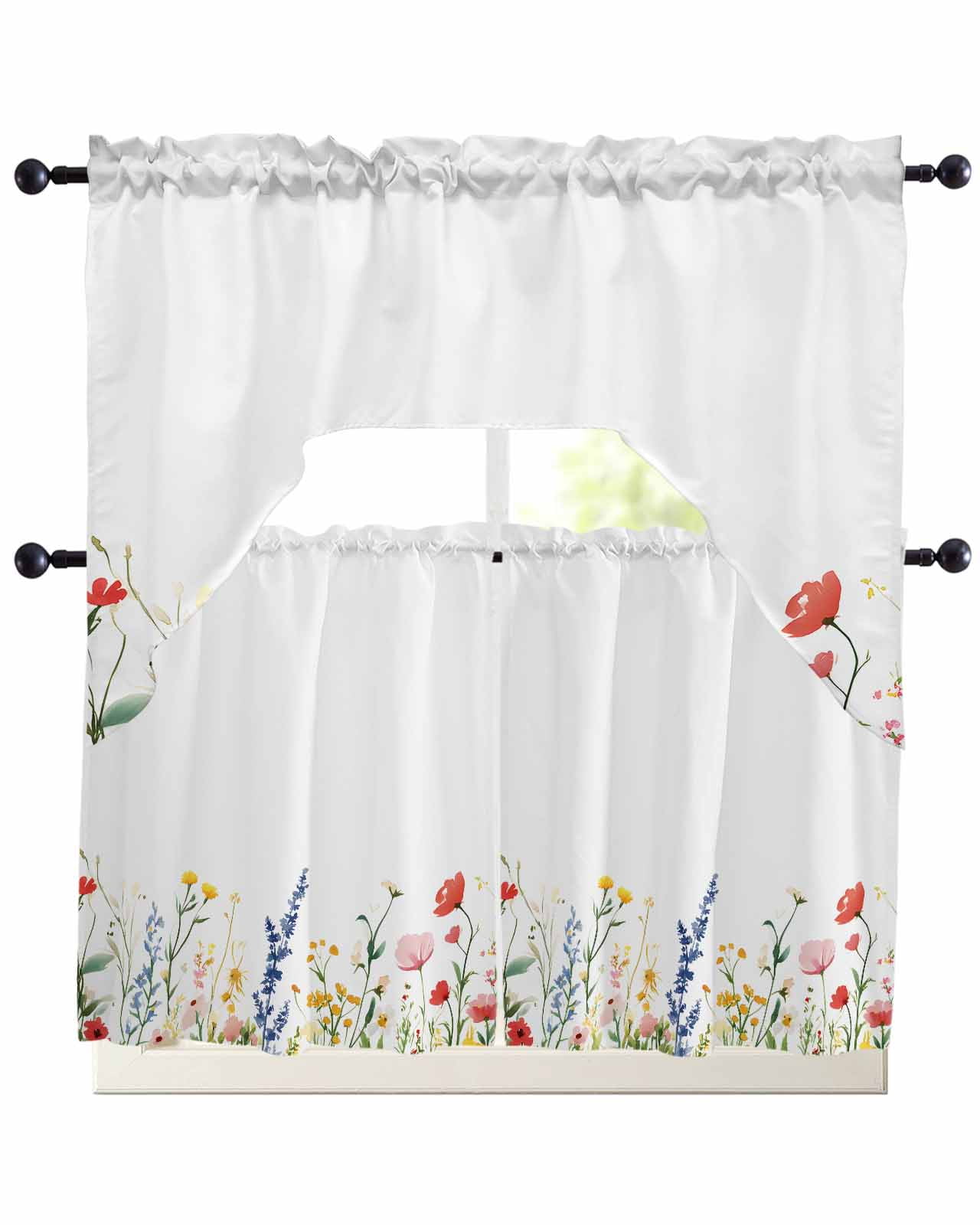 Spring Flowers Kitchen Curtains Sets 24 Inch Length with Valance ...
