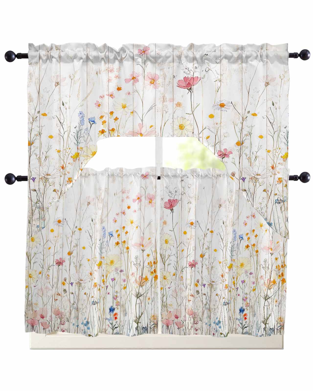 Spring Flowers Kitchen Curtains Sets 24 Inch Length with Valance ...