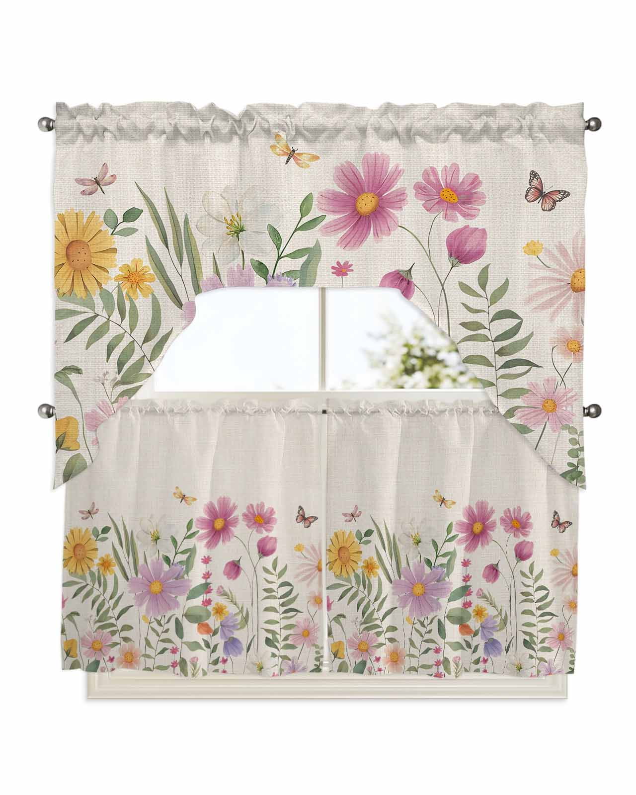 Spring Flowers Kitchen Curtains Swag Valance and Tier Curtains Set 24 ...
