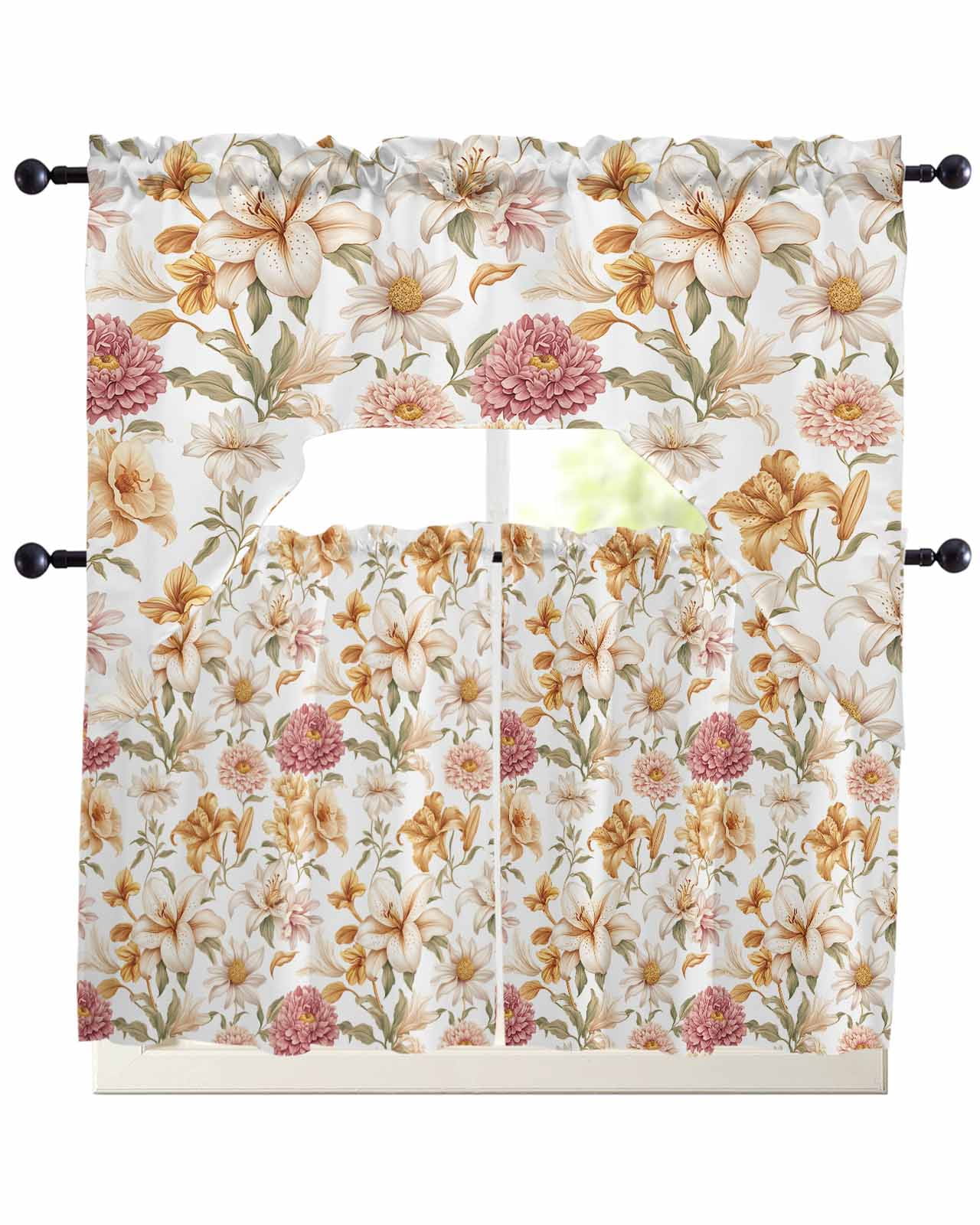 Spring Flowers Kitchen Curtains Swag Valance and Tier Curtains Set 24 Inch Length, Seasonal ...