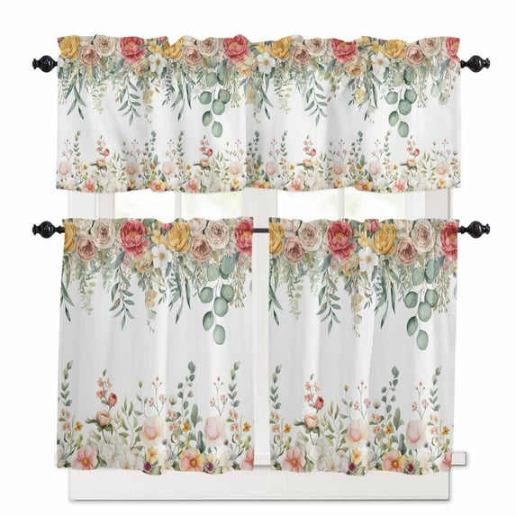 Spring Flowers Kitchen Curtains Valances and Tiers Set of 3 Watercolor ...