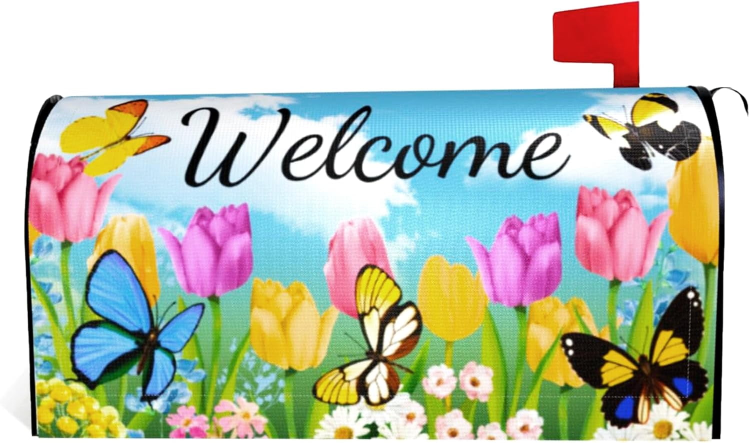 Spring Flowers Mailbox Cover Magnetic Welcome Tulip Butterflies Mailbox ...