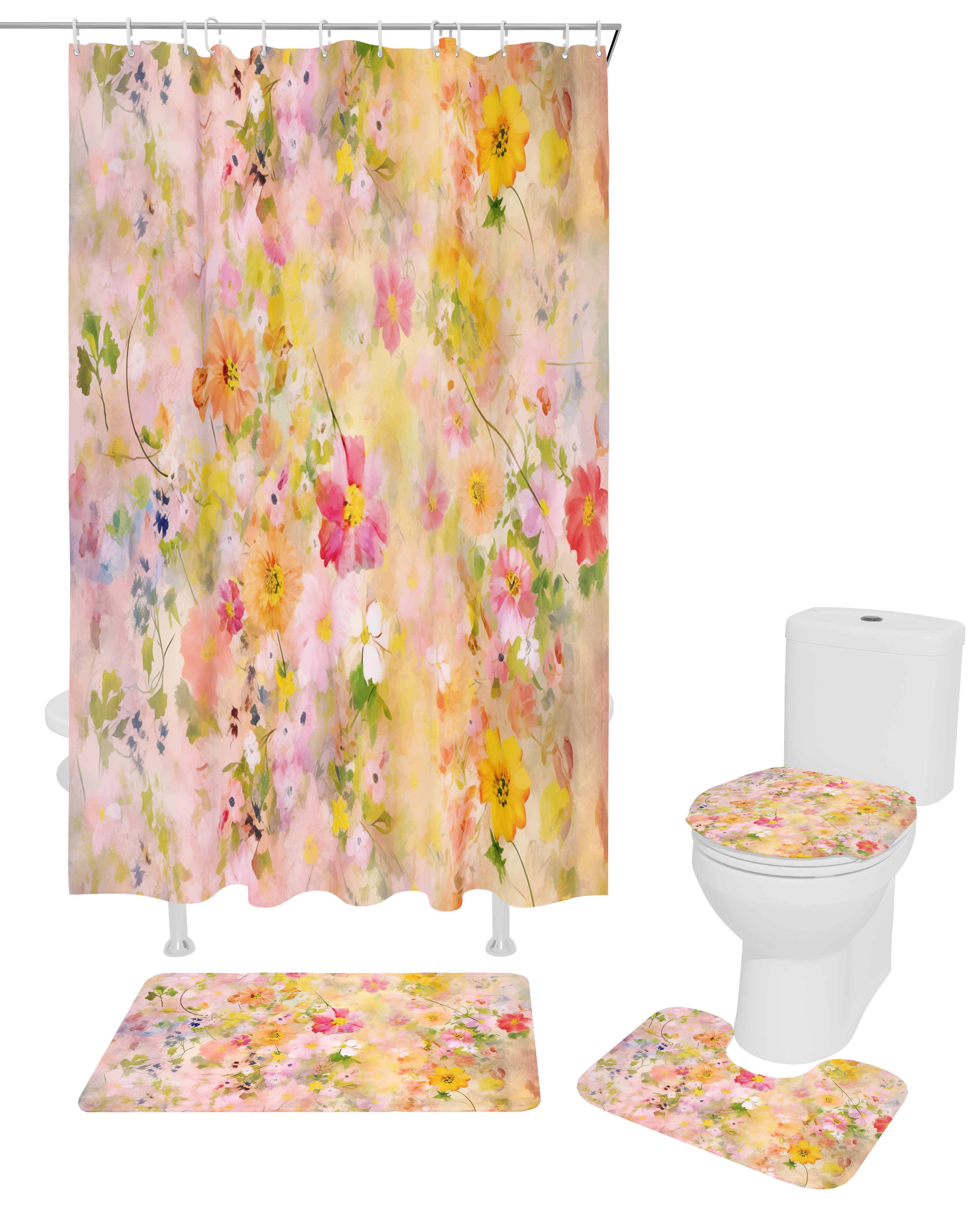 Spring Flowers Oil Painting Abstract Shower Curtain Non-Slip Rugs ...