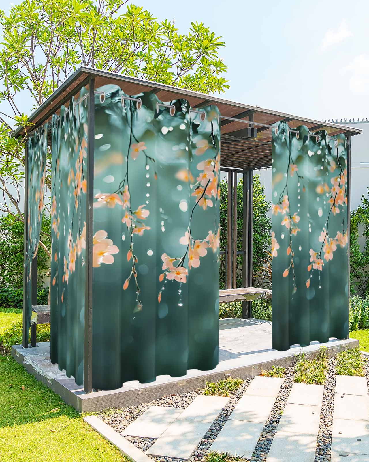 Spring Flowers Outdoor Curtains for Patio, Water Droplets Waterproof ...