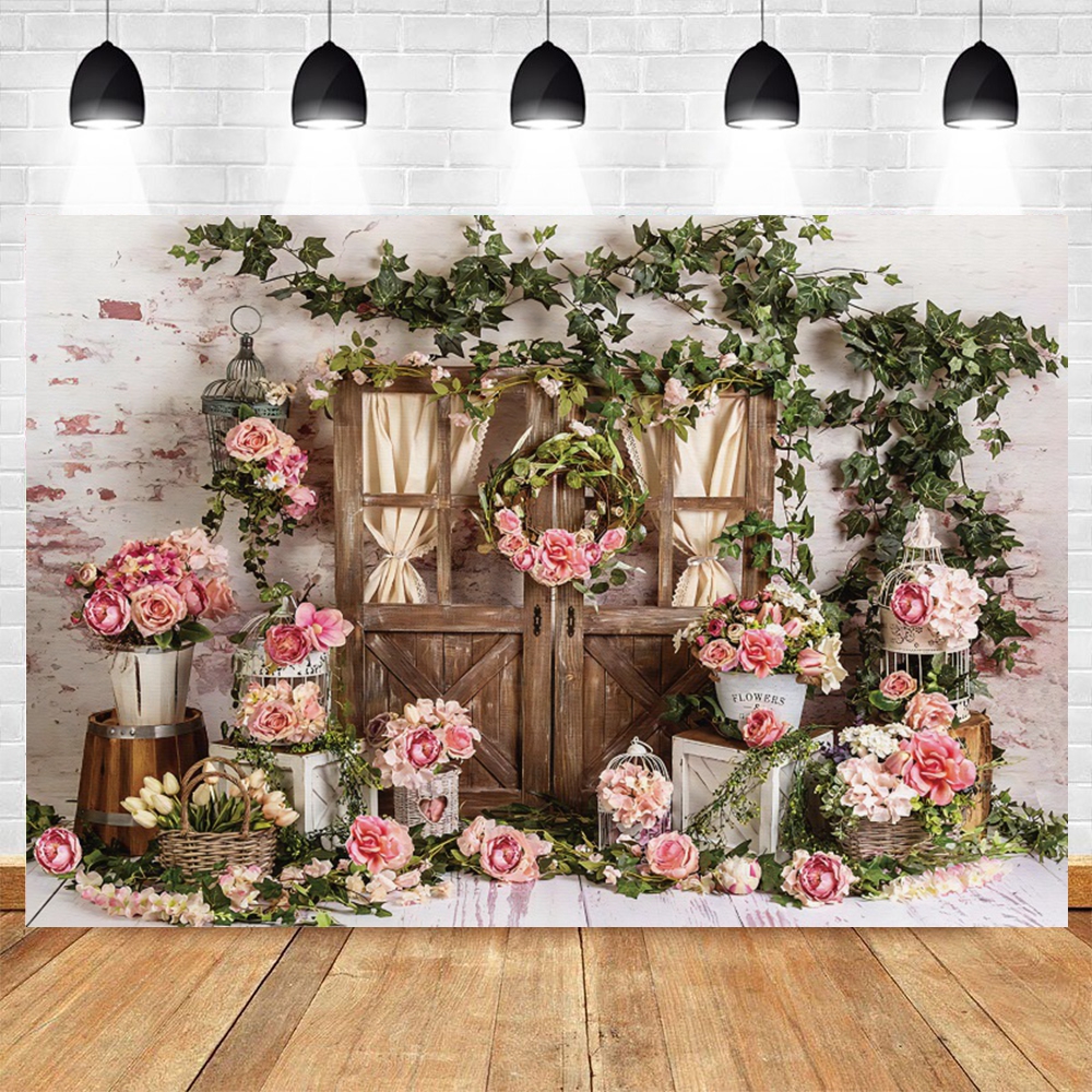 Spring Flowers Photography Backdrop Fence Rose Pink Brick Wall ...