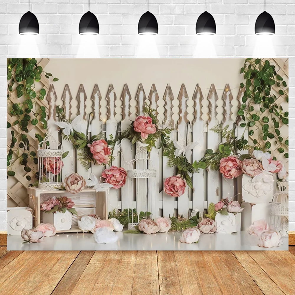 Spring Flowers Photography Backdrop Fence Rose Pink Brick Wall ...