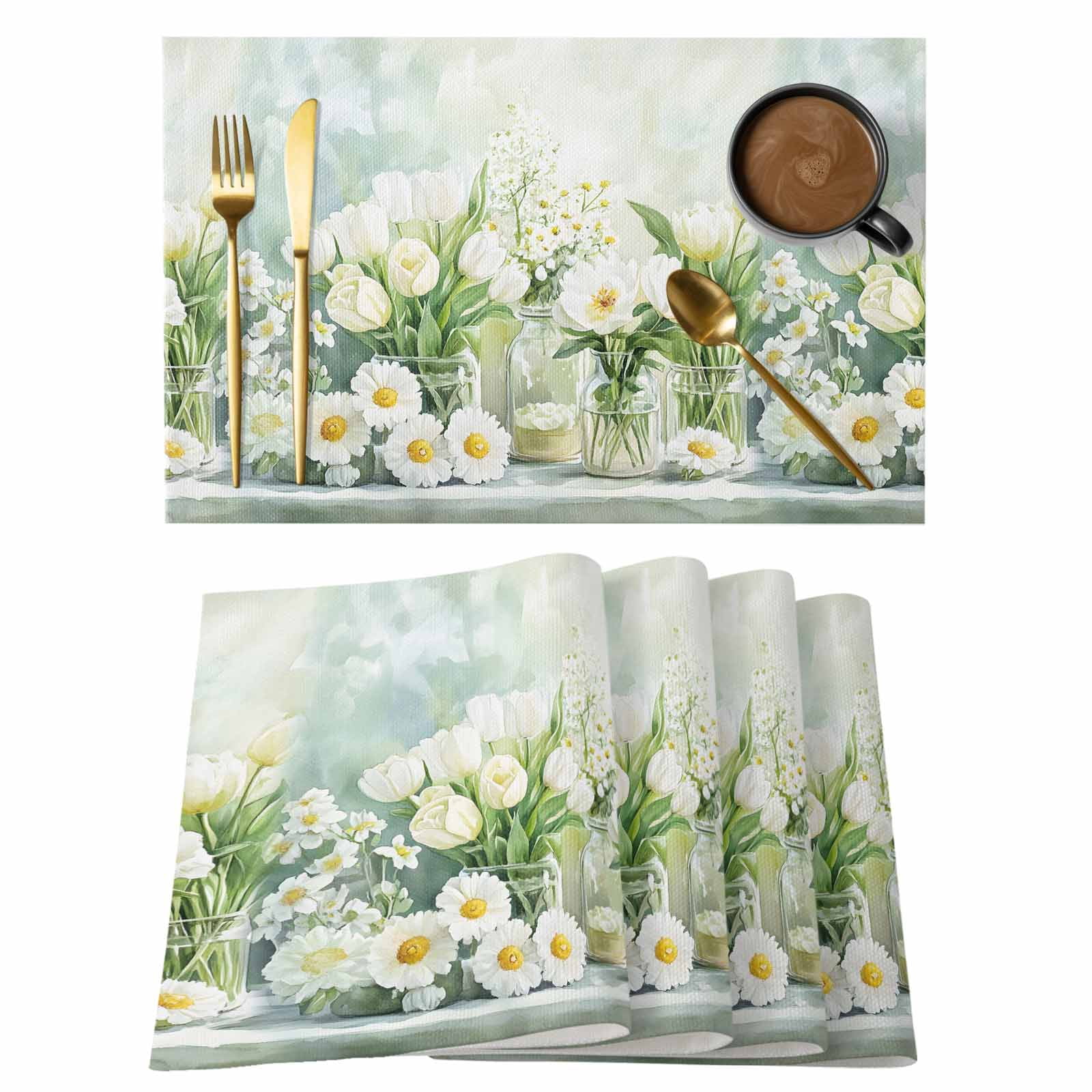 Spring Flowers Placemats Set of 12, Bright Oil Painting White Roses ...
