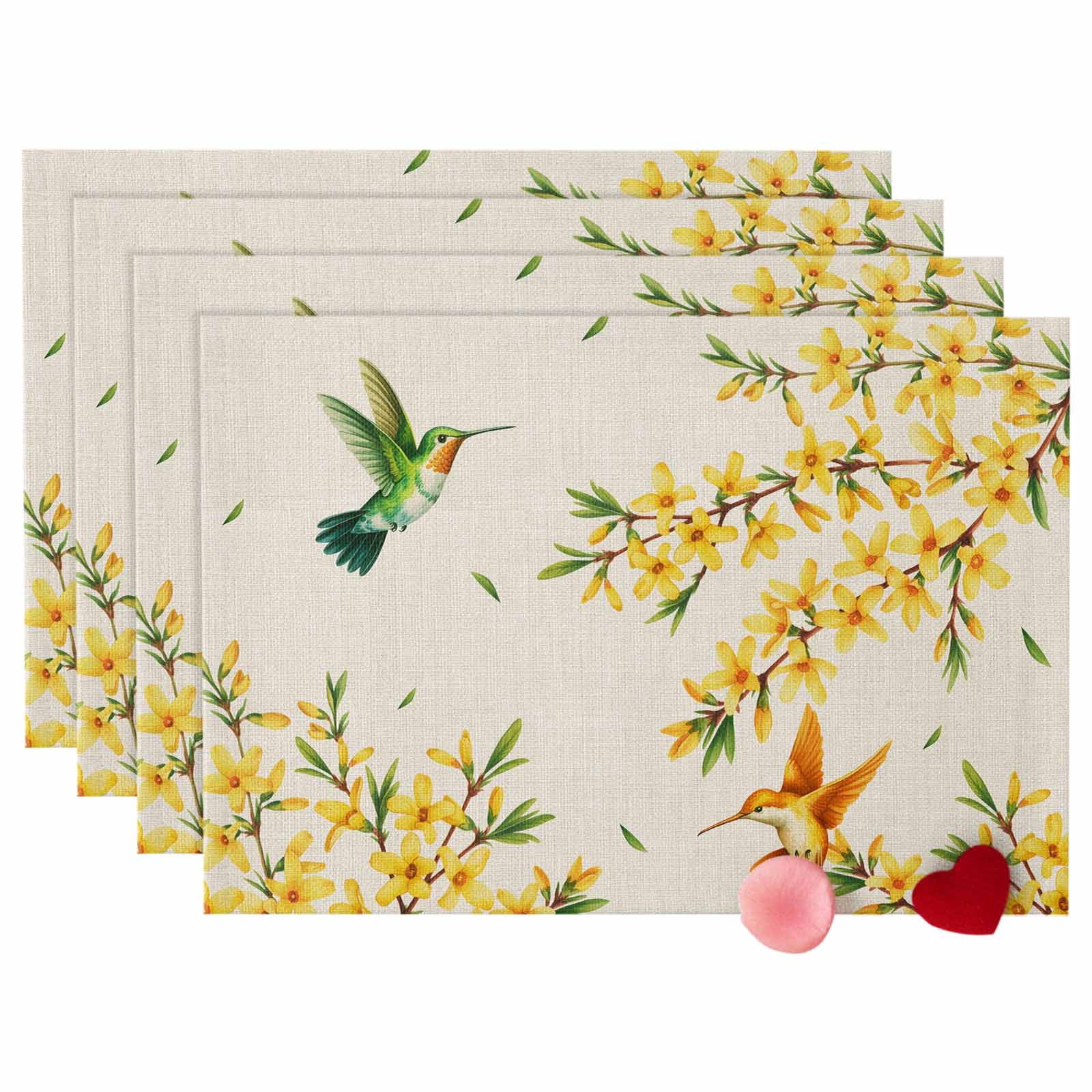 Spring Flowers Placemats Set of 4, Watercolor Spring Green Yellow ...