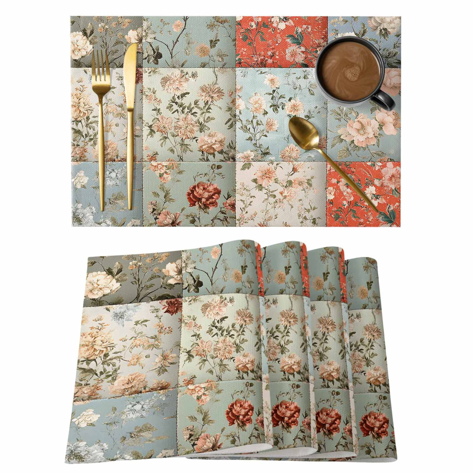 Spring Flowers Placemats Set of 6, Retro Floral Pattern Collage Rose ...