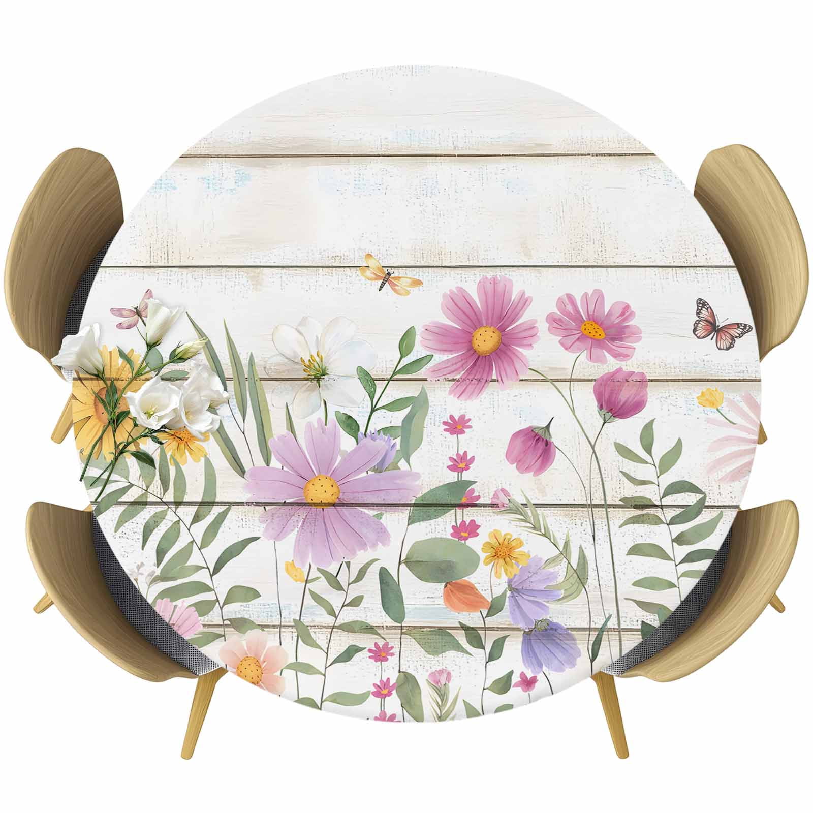 Spring Flowers Round Tablecloth 36-44 Inch Round Fitted Table Cloth with Elastic Edge, Botanical ...