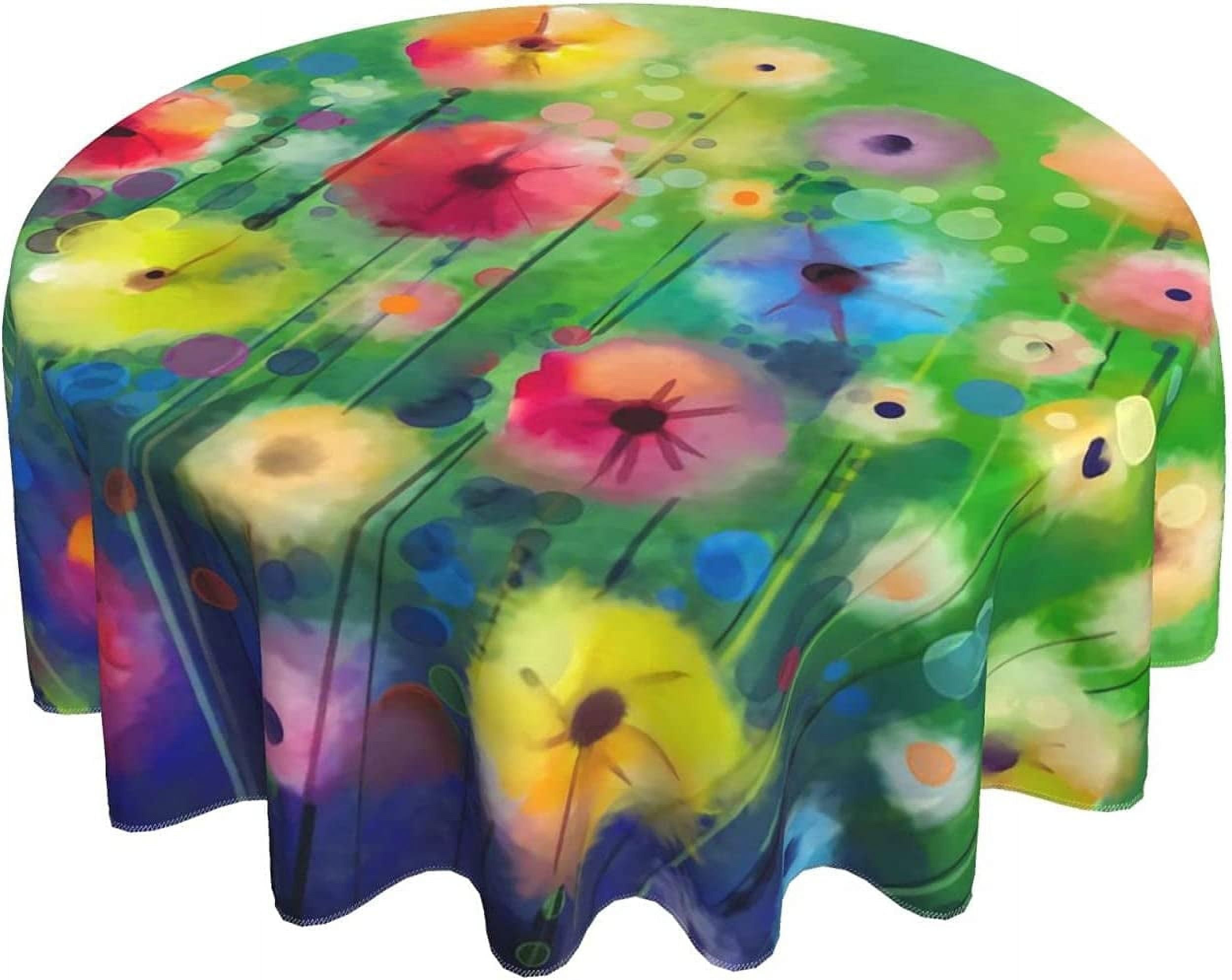 Spring Flowers Round Tablecloth 60 inch Watercolor Green Floral Table ...