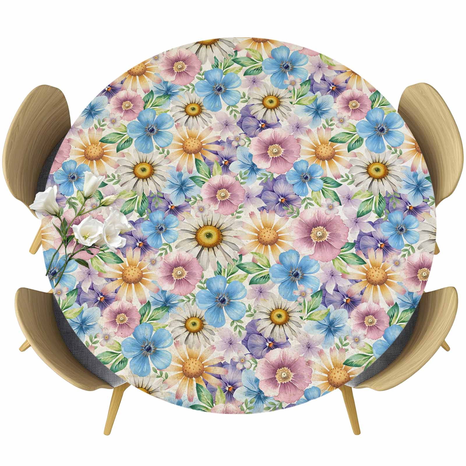 Spring Flowers Round Tablecloth, Fitted Table Cover with Elastic for 55 ...