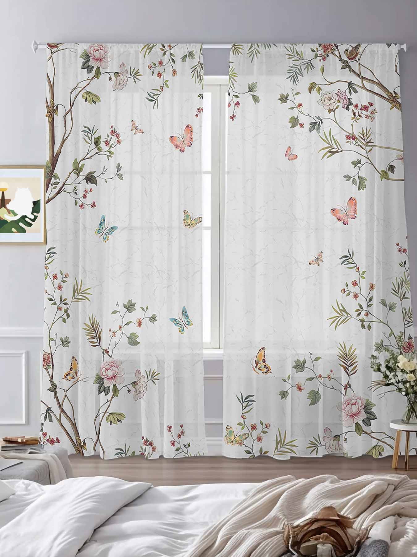 Spring Flowers Sheer Curtains 108 inches Long 2 Panels Set Floral ...