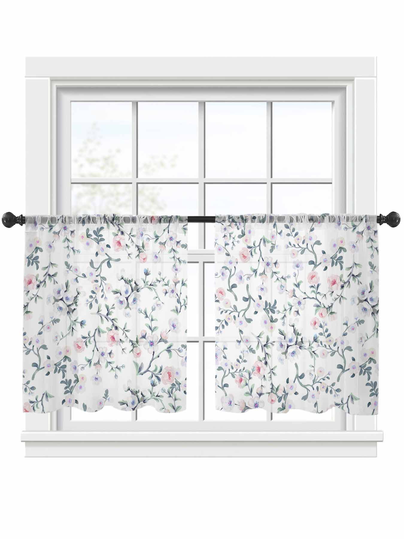 Spring Flowers Sheer Curtains 2 Panels Set Blue Pink Floral Green Leaf ...
