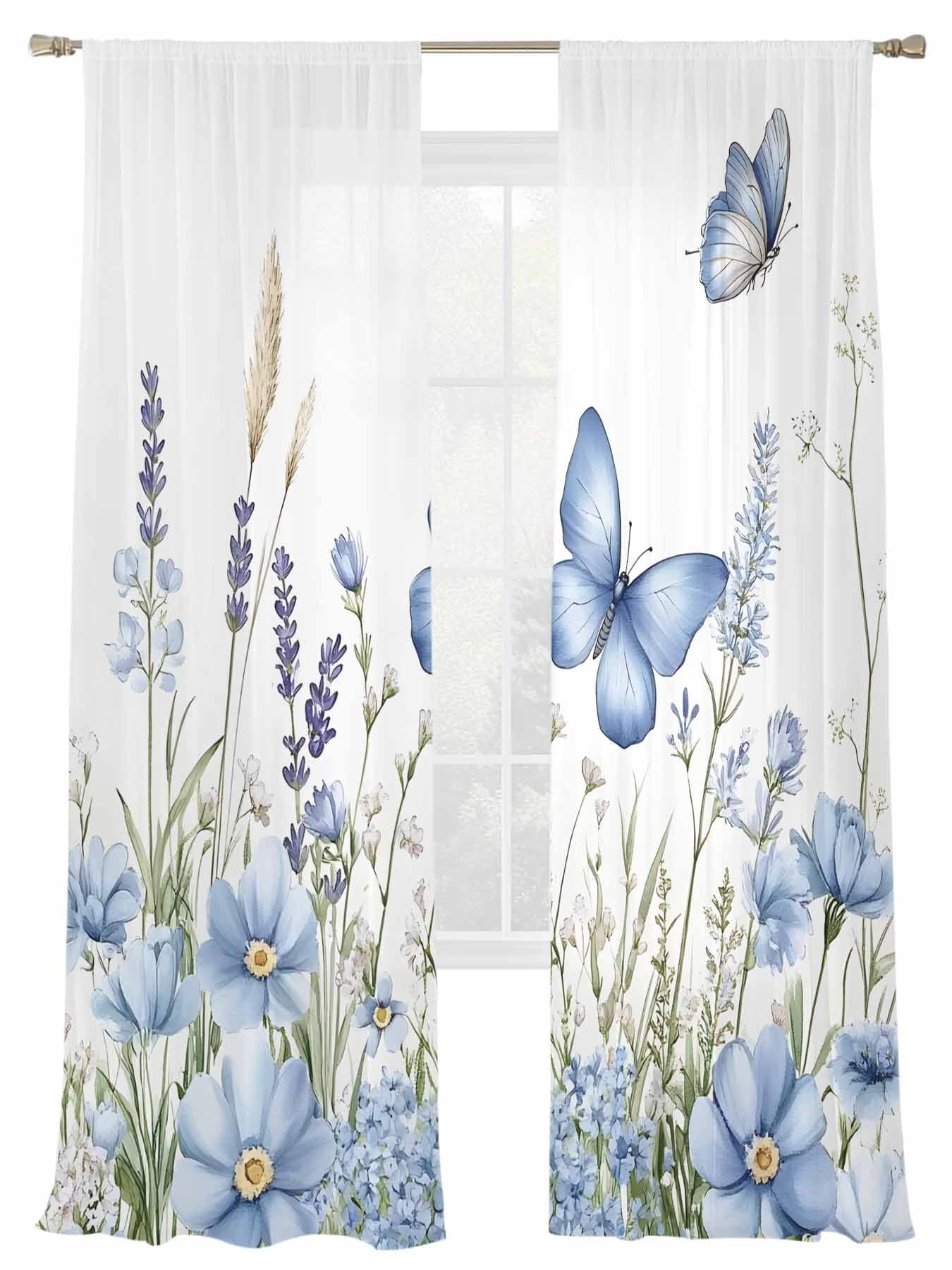Spring Flowers Sheer Curtains 2 Panels Set Blue Wildflowers Field ...