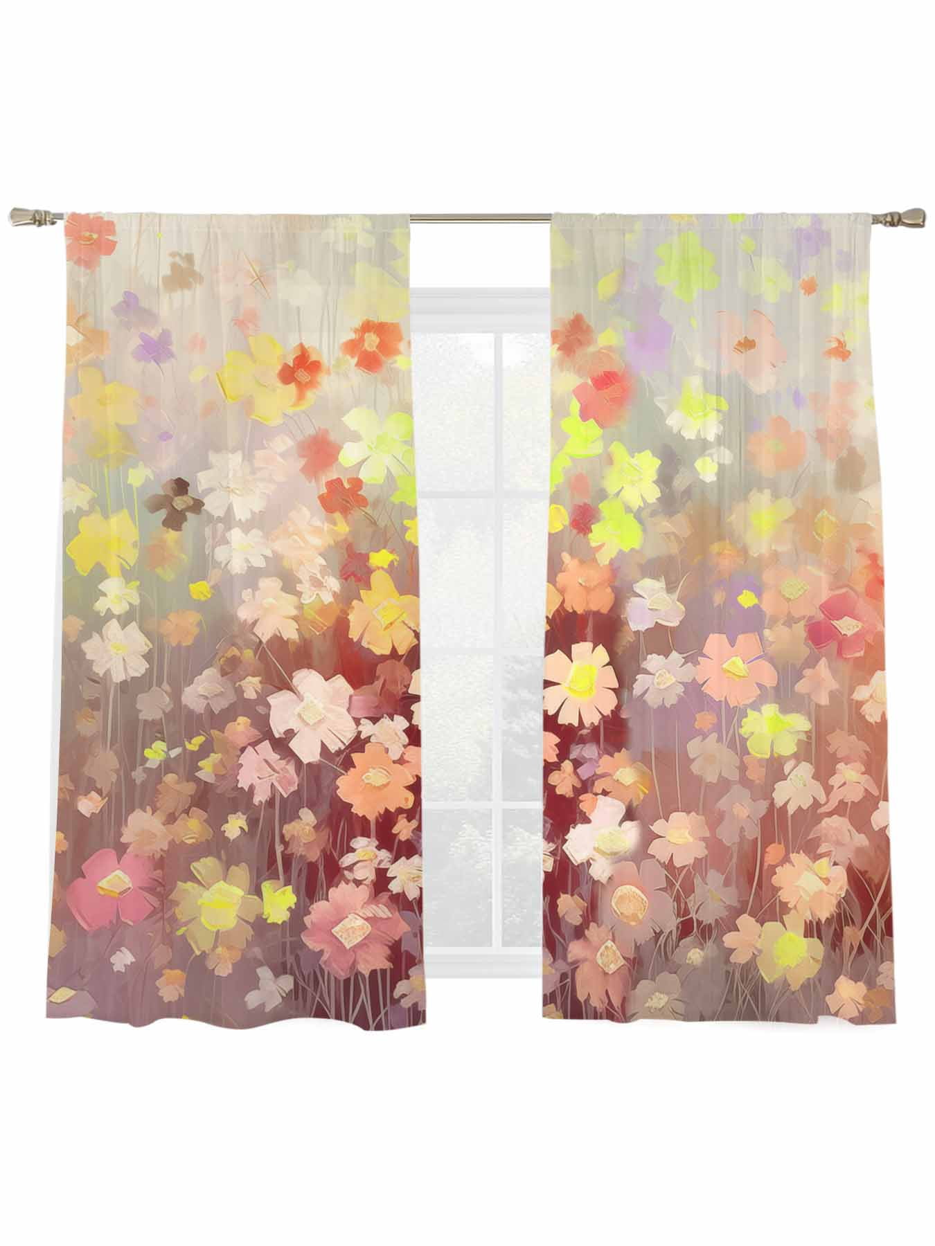Spring Flowers Sheer Curtains 2 Panels Set Chrysanthemum Oil Painting ...