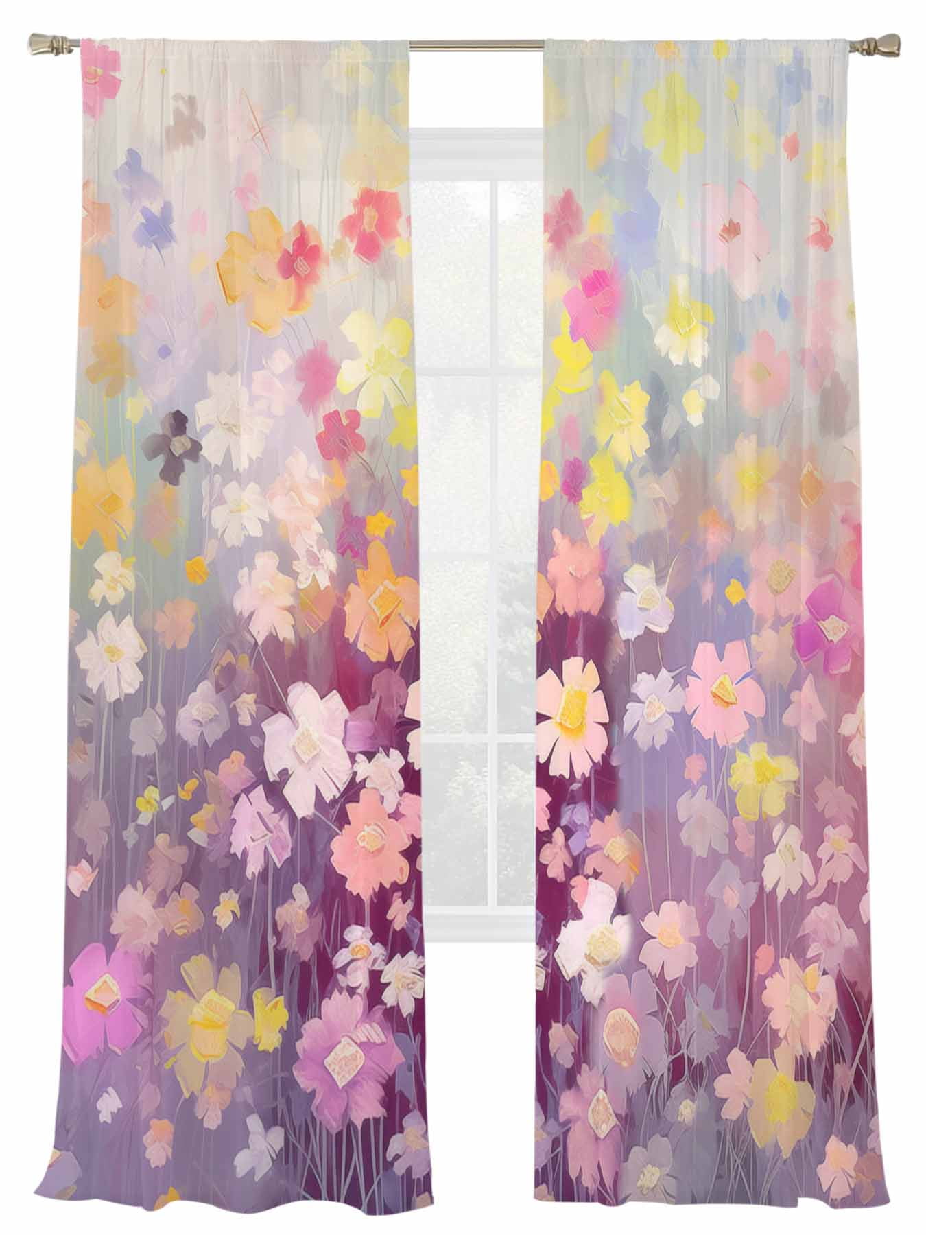 Spring Flowers Sheer Curtains 2 Panels Set Chrysanthemum Oil Painting ...