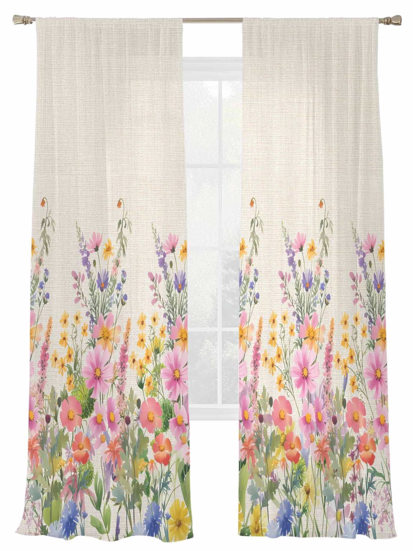 Spring Flowers Sheer Curtains 2 Panels Set Country Colorful Wildflowers ...