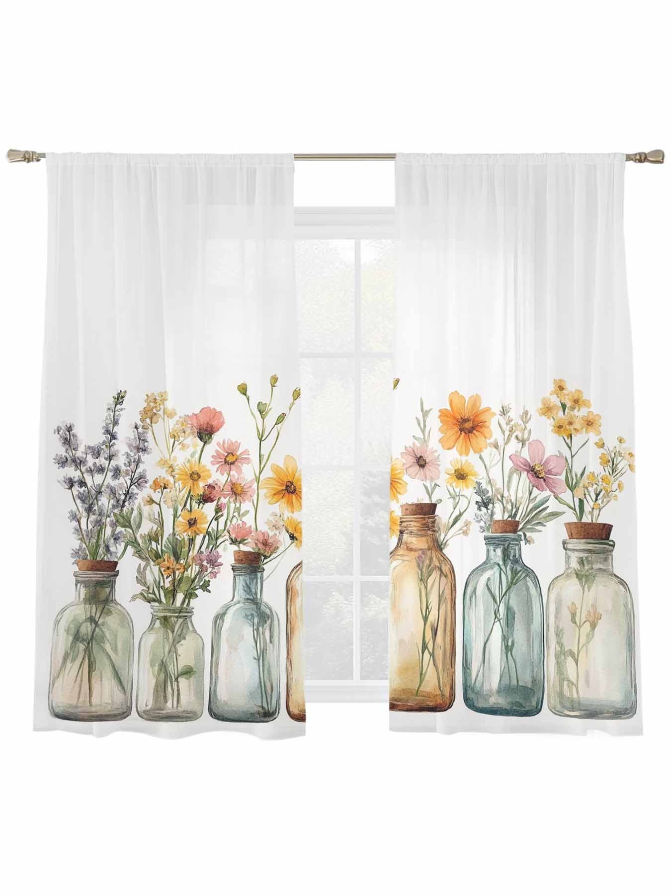 Spring Flowers Sheer Curtains 2 Panels Set Daisies Lavender Oil ...
