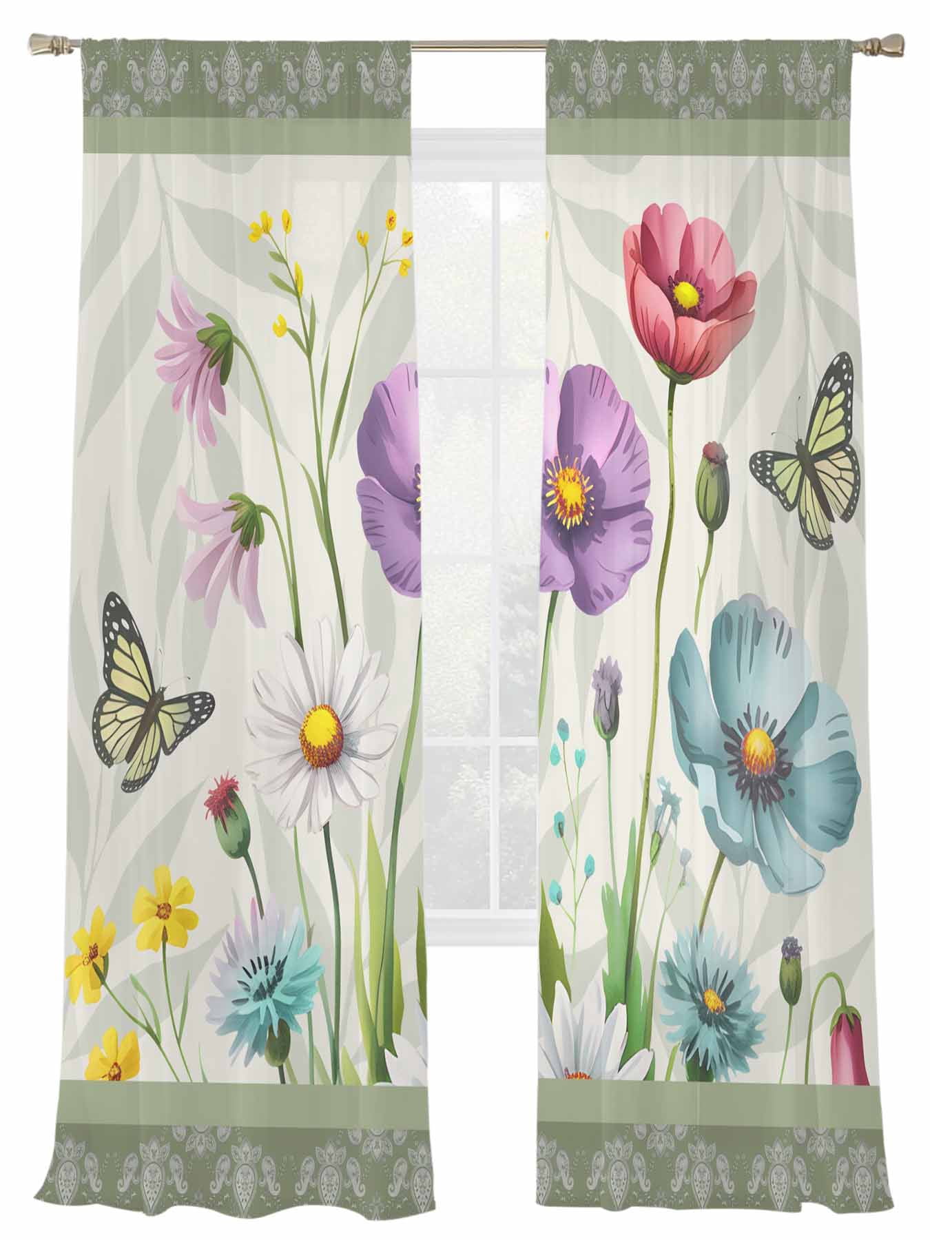 Spring Flowers Sheer Curtains 2 Panels Set Daisy Wildflowers Butterfly ...