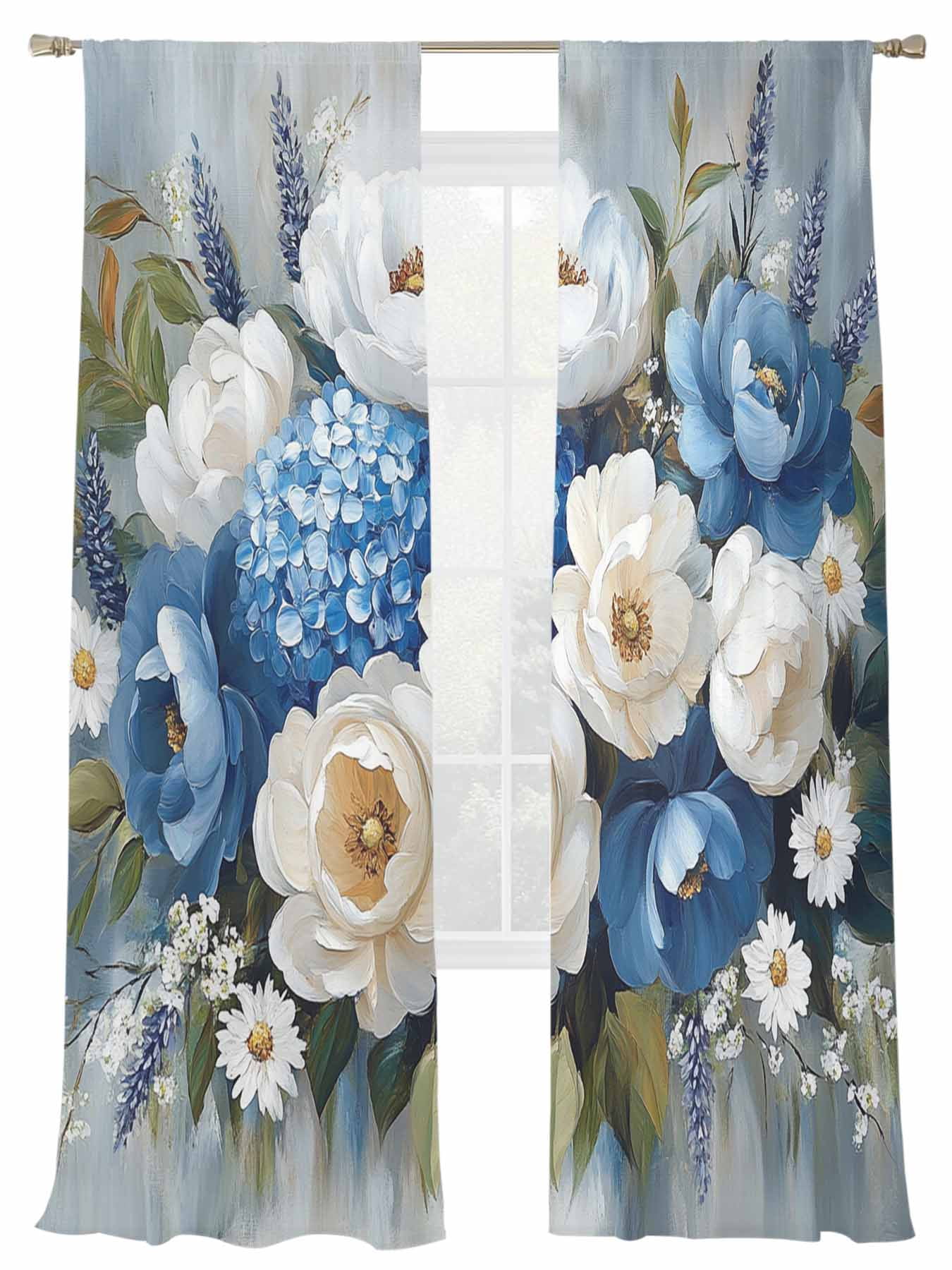 Spring Flowers Sheer Curtains 2 Panels Set Hydrangea Camellia Oil ...