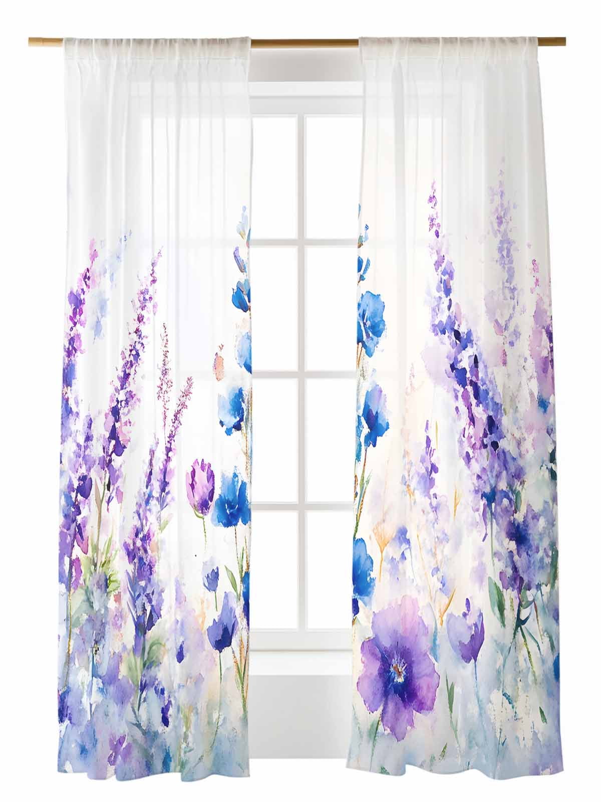 Spring Flowers Sheer Curtains 2 Panels Set Idyllic Purple Blue Lavender ...
