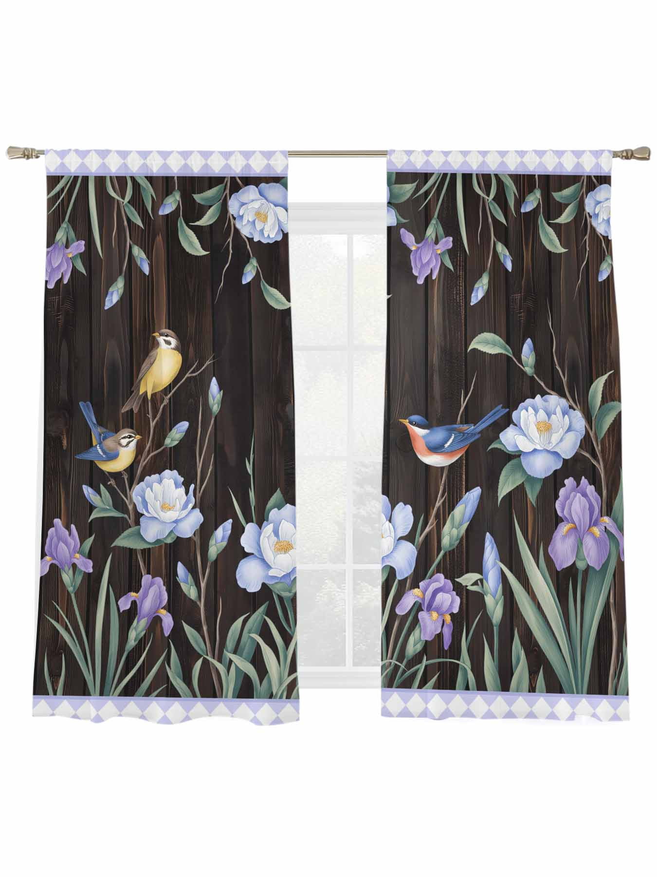Spring Flowers Sheer Curtains 2 Panels Set Purple Blue Floral Bird ...